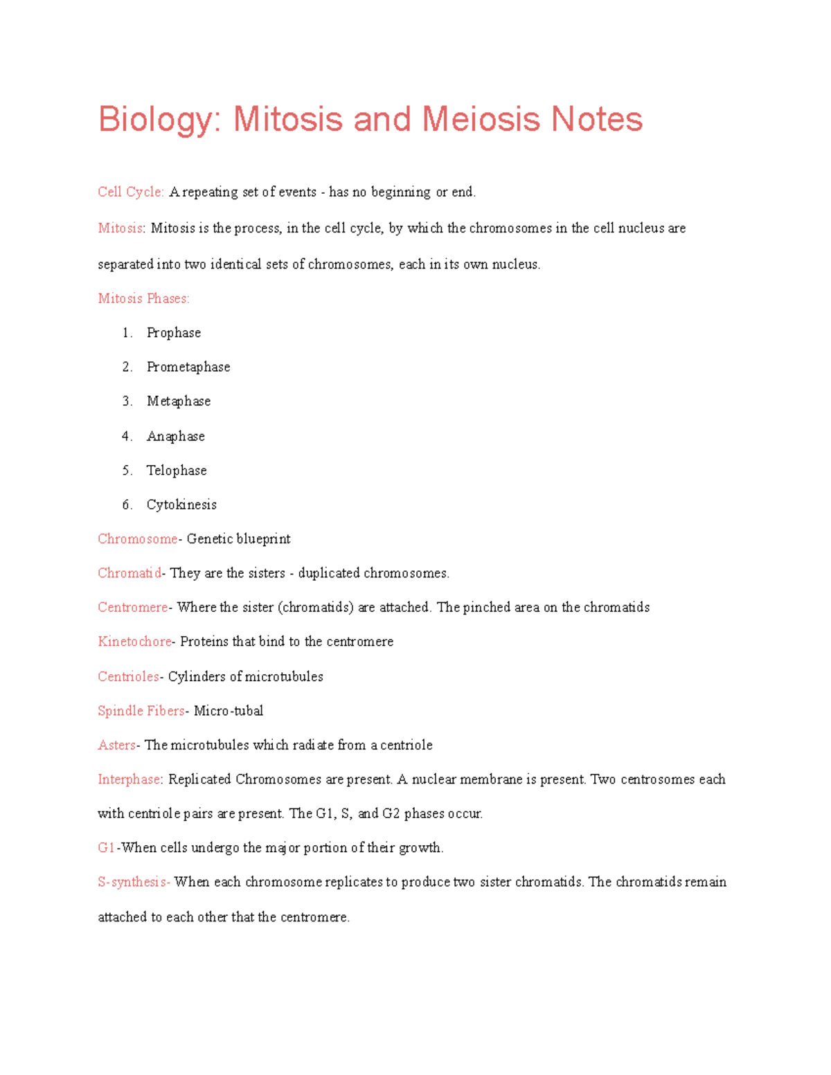 Biology Mitosis and Meiosis Notes - Mitosis: Mitosis is the process, in ...