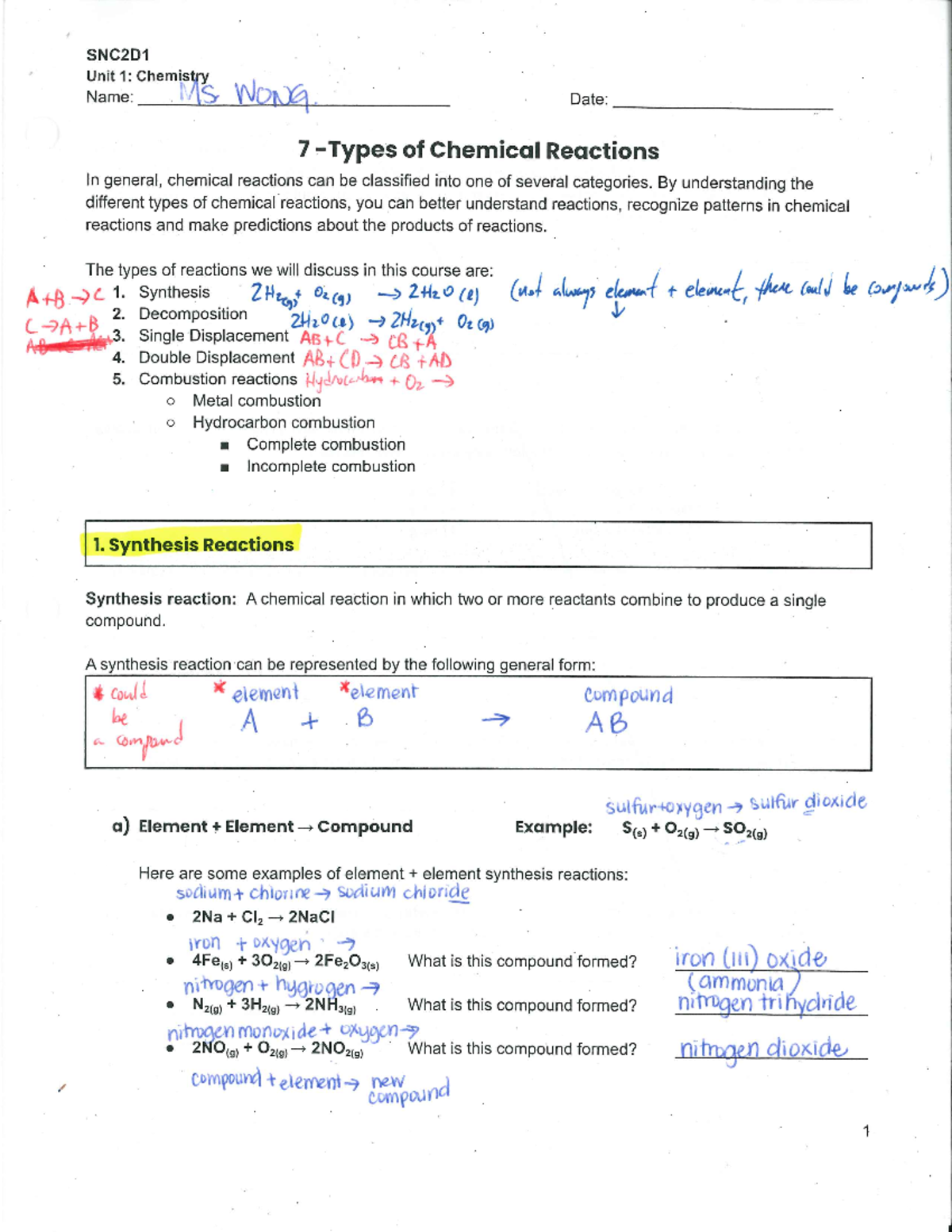 Types of Chemical Reactions Notes - Studocu