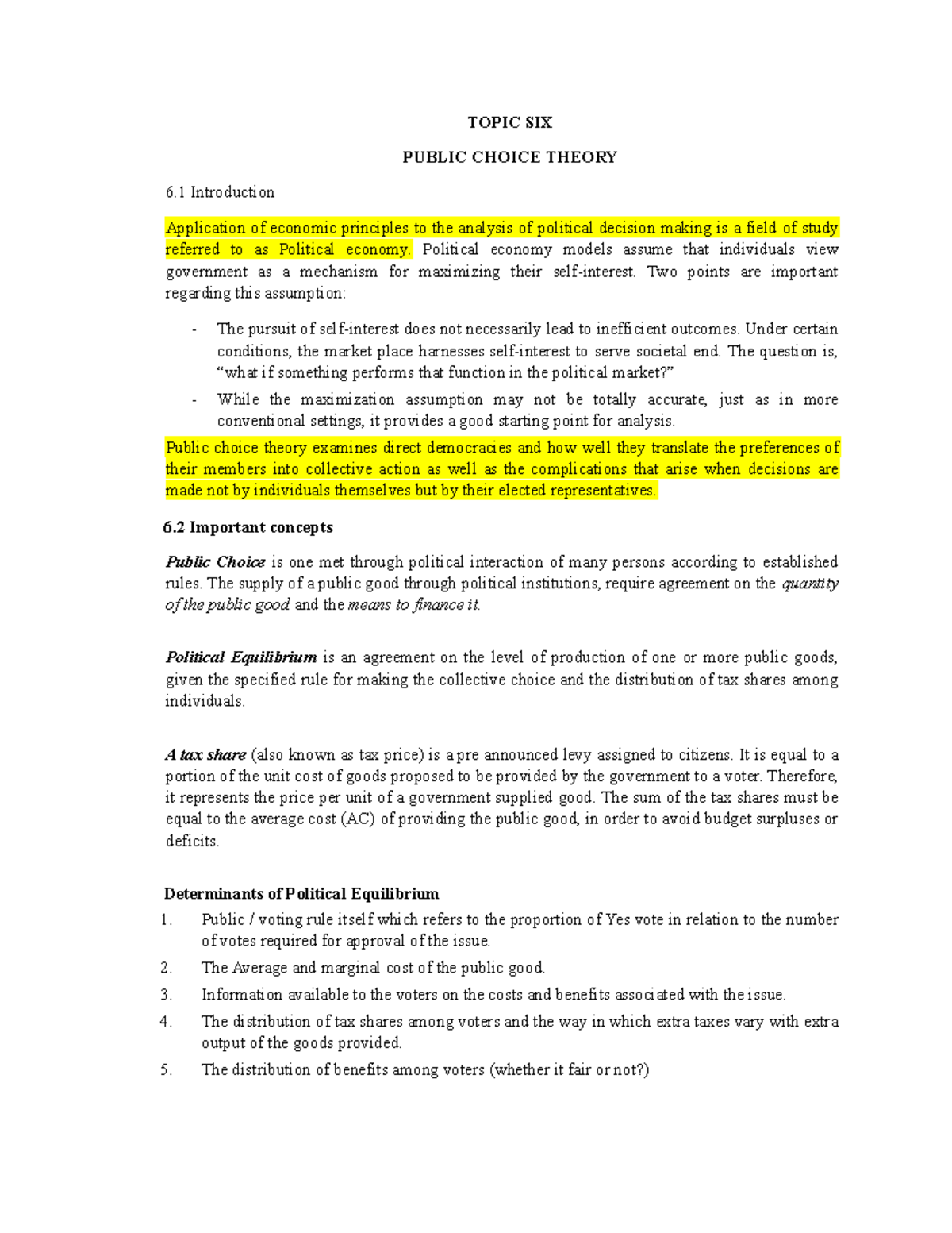 Topic SIX - Mind blowing - TOPIC SIX PUBLIC CHOICE THEORY 6 Introduction Application of economic ...