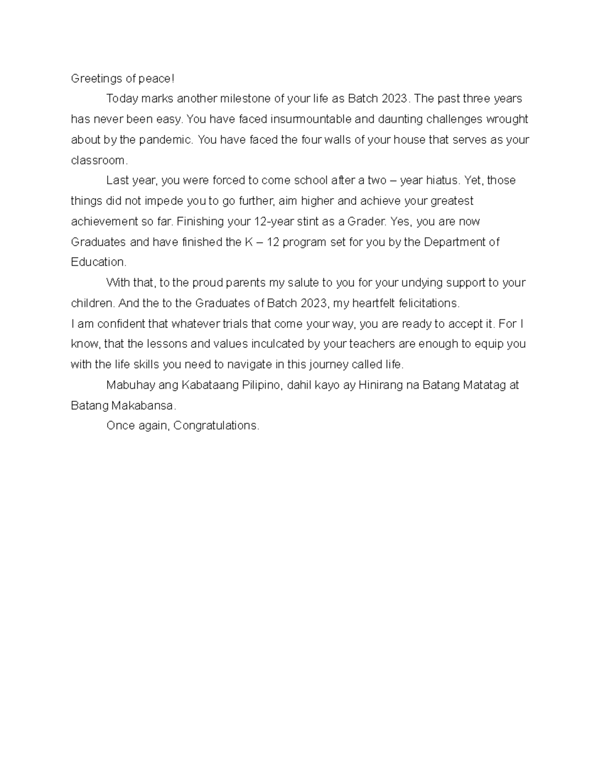 Graduation message - Greetings of peace! Today marks another milestone ...