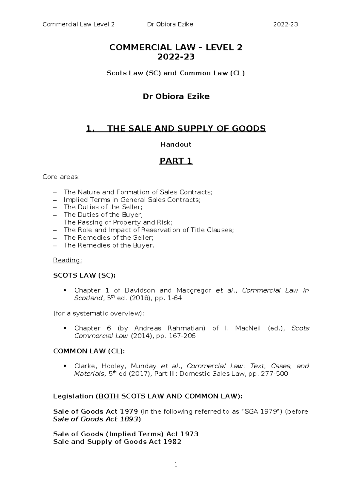 Sale of Goods Handout, Part 1 - COMMERCIAL LAW – LEVEL 2 2022- Scots ...