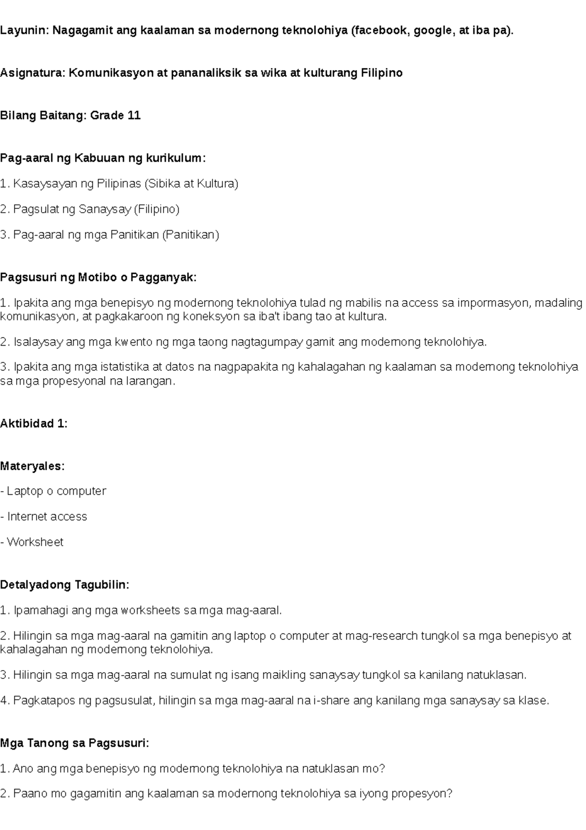 Lesson plan Fil. - banghay aralin - Layunin: Nagagamit ang kaalaman sa ...