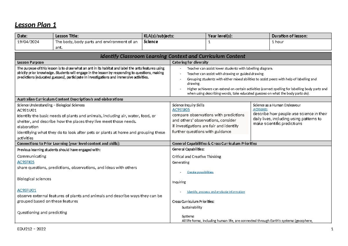 EDU212­ GLB033 AT2 - Lesson plan 1 - Lesson Plan 1 Date: Lesson Title ...
