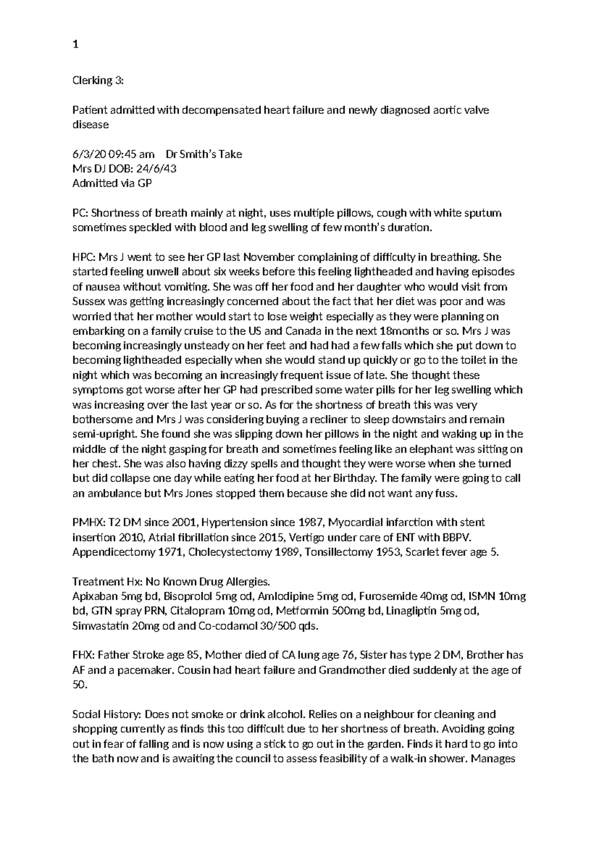 Suboptimal Clerking Example 3 - 1 Clerking 3: Patient admitted with ...