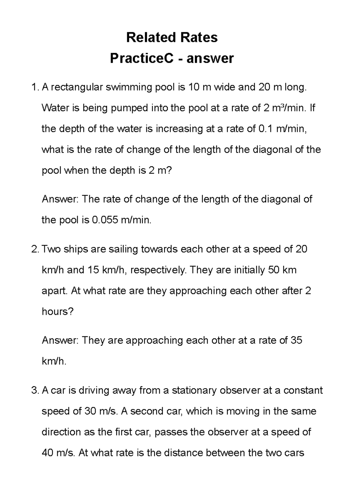 Related Rates Practice C - answer - Related Rates PracticeC - answer A ...