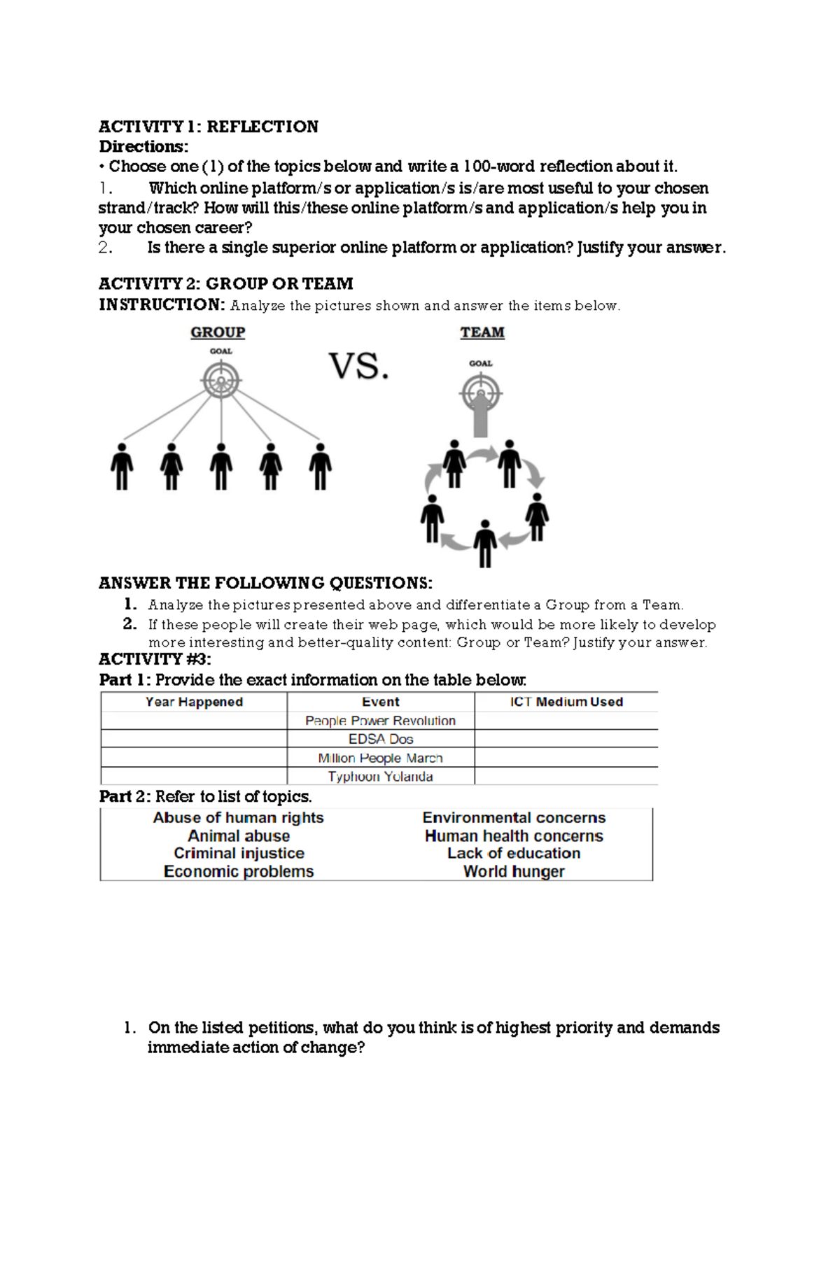 Activities - additional notes - ACTIVITY 1: REFLECTION Directions ...