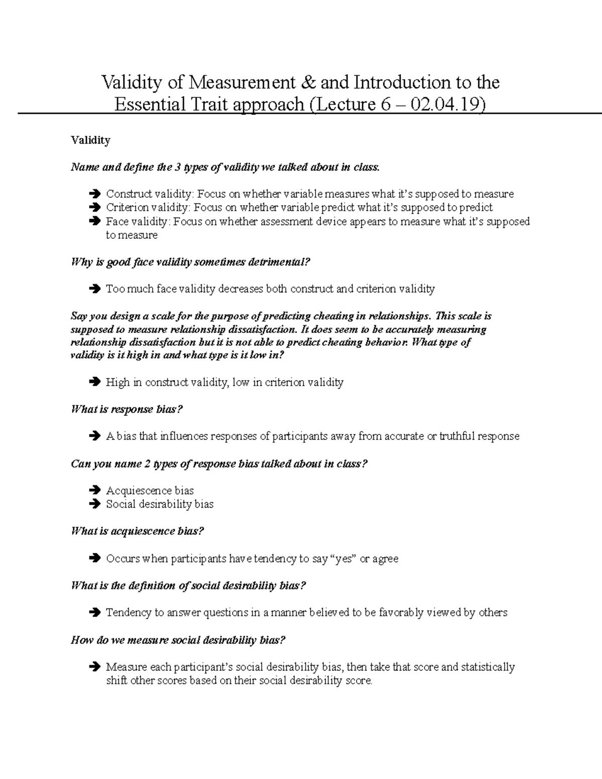 Review sheet lecture 6 - Validity of Measurement and Introduction to ...