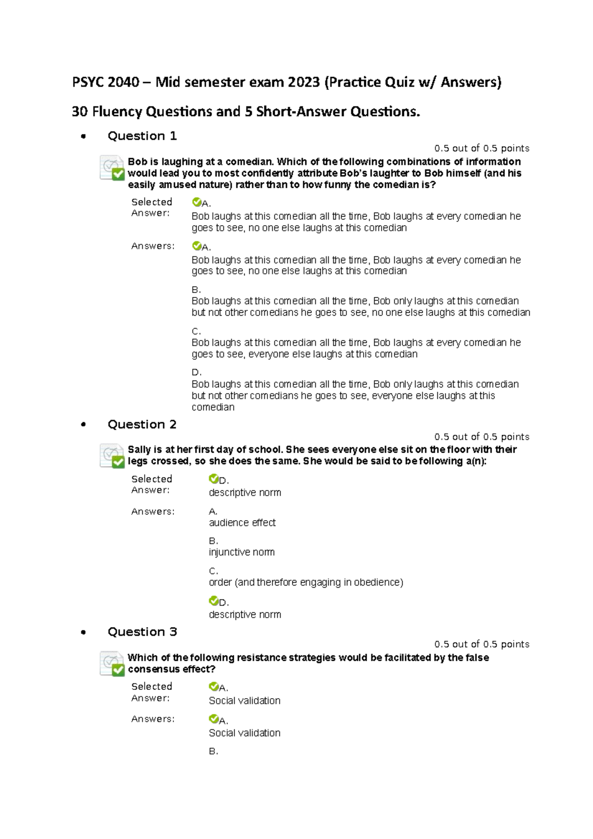 PSYC 2040 - Mid semester exam (2023) - Practice Quiz (35Q's) - PSYC 2040 – Mid semester exam ...