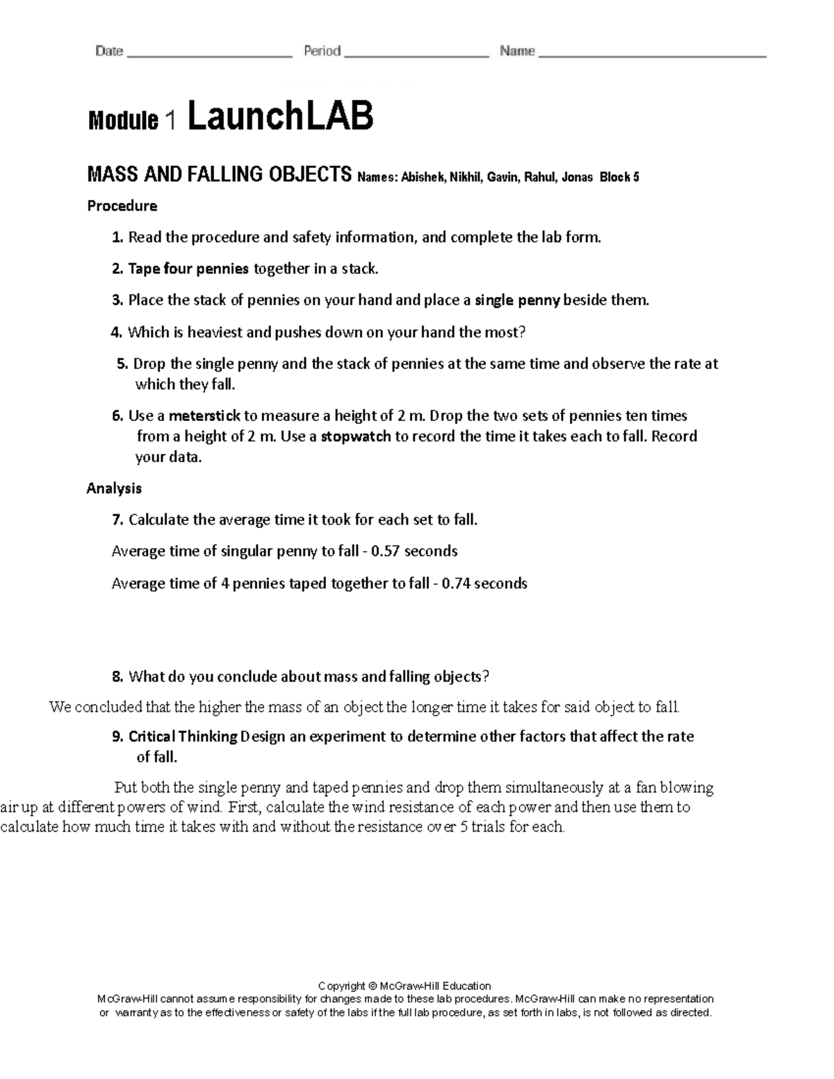 Ch1 A physics toolkit MASS AND Falling Objects-lab - Module 1 LaunchLAB ...