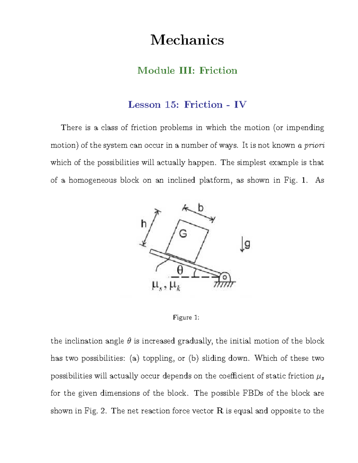 Module 3 friction 4 - Lecture notes 1 - Mechanics Module III: Friction ...