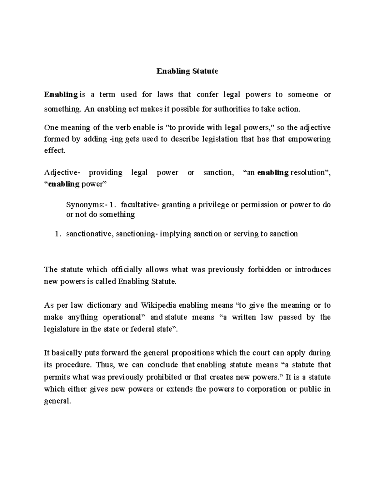 349387 1612711889 - Summary Exam pattern - Enabling Statute Enabling is ...