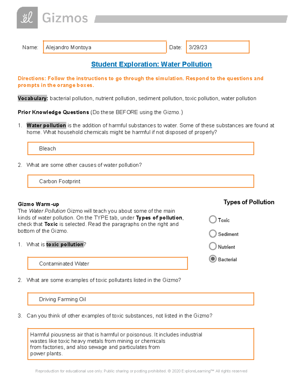 Copy of Water Pollution SE - Name: Alejandro Montoya Date: 3/29 ...