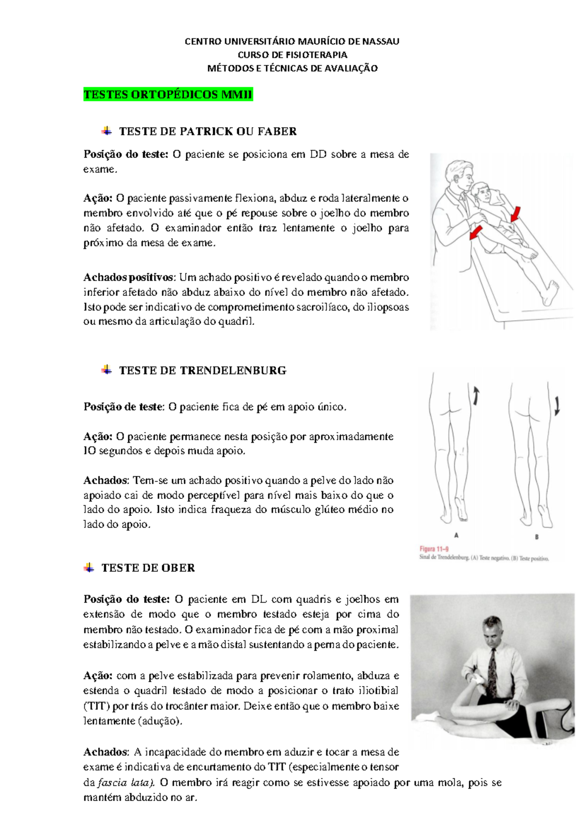 Testes Ortopédicos MMII - CURSO DE FISIOTERAPIA MÉTODOS E TÉCNICAS DE ...