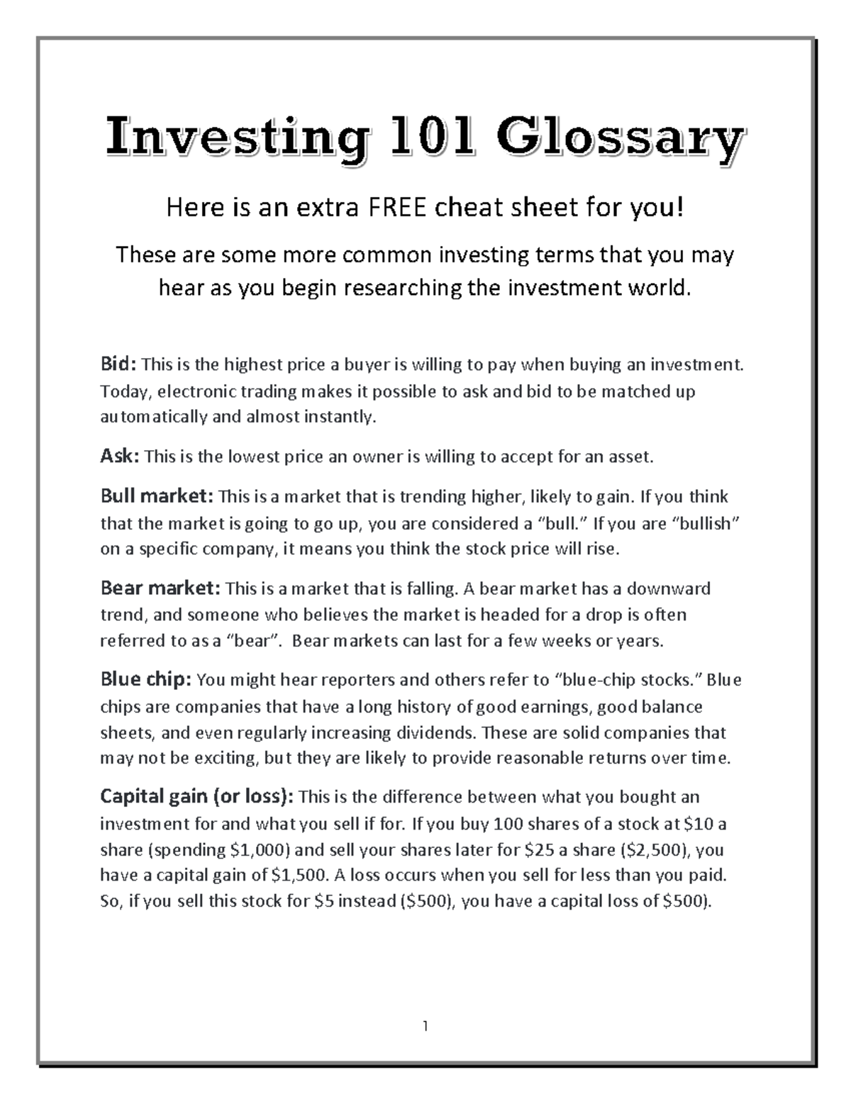 FREE Investing Glossary - Here is an extra FREE cheat sheet for you ...