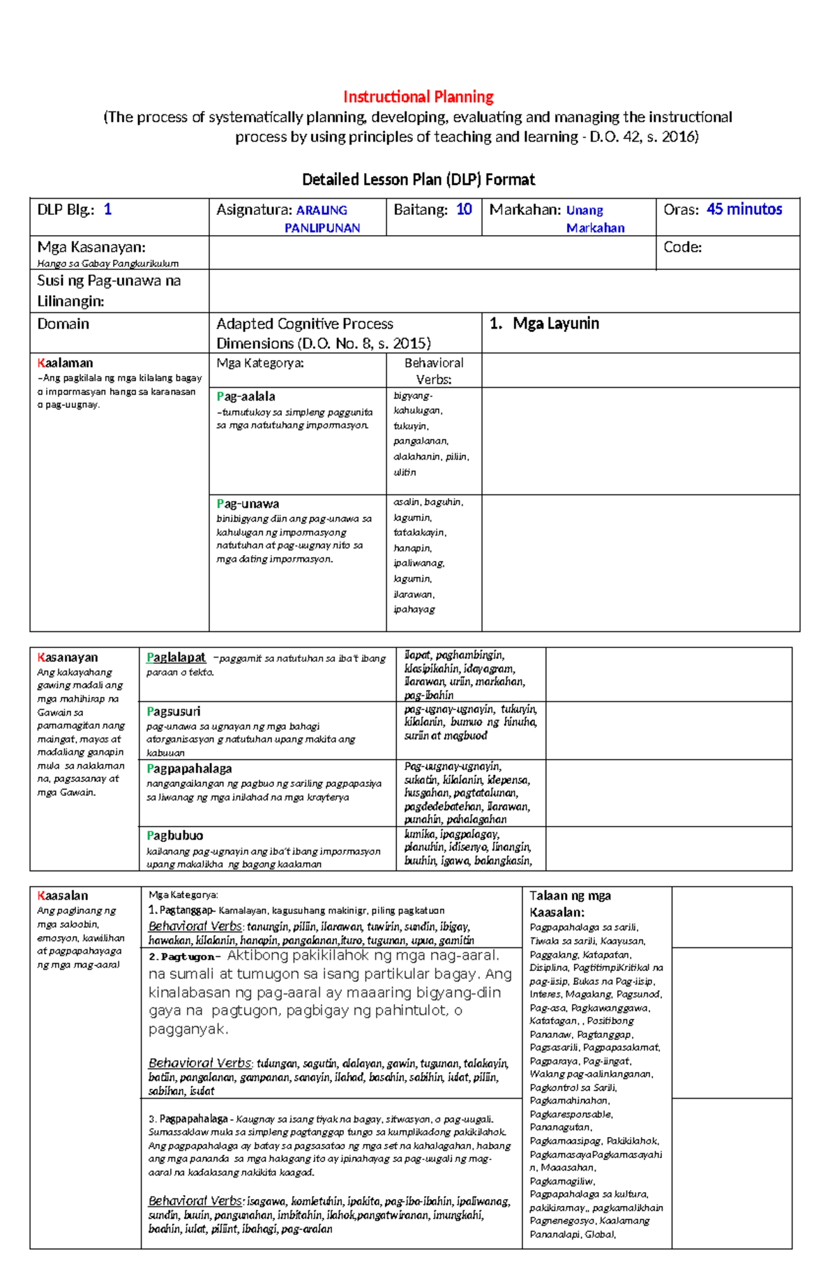 Tagalog DLP NEW Format - DLP - Instructional Planning (The process of ...