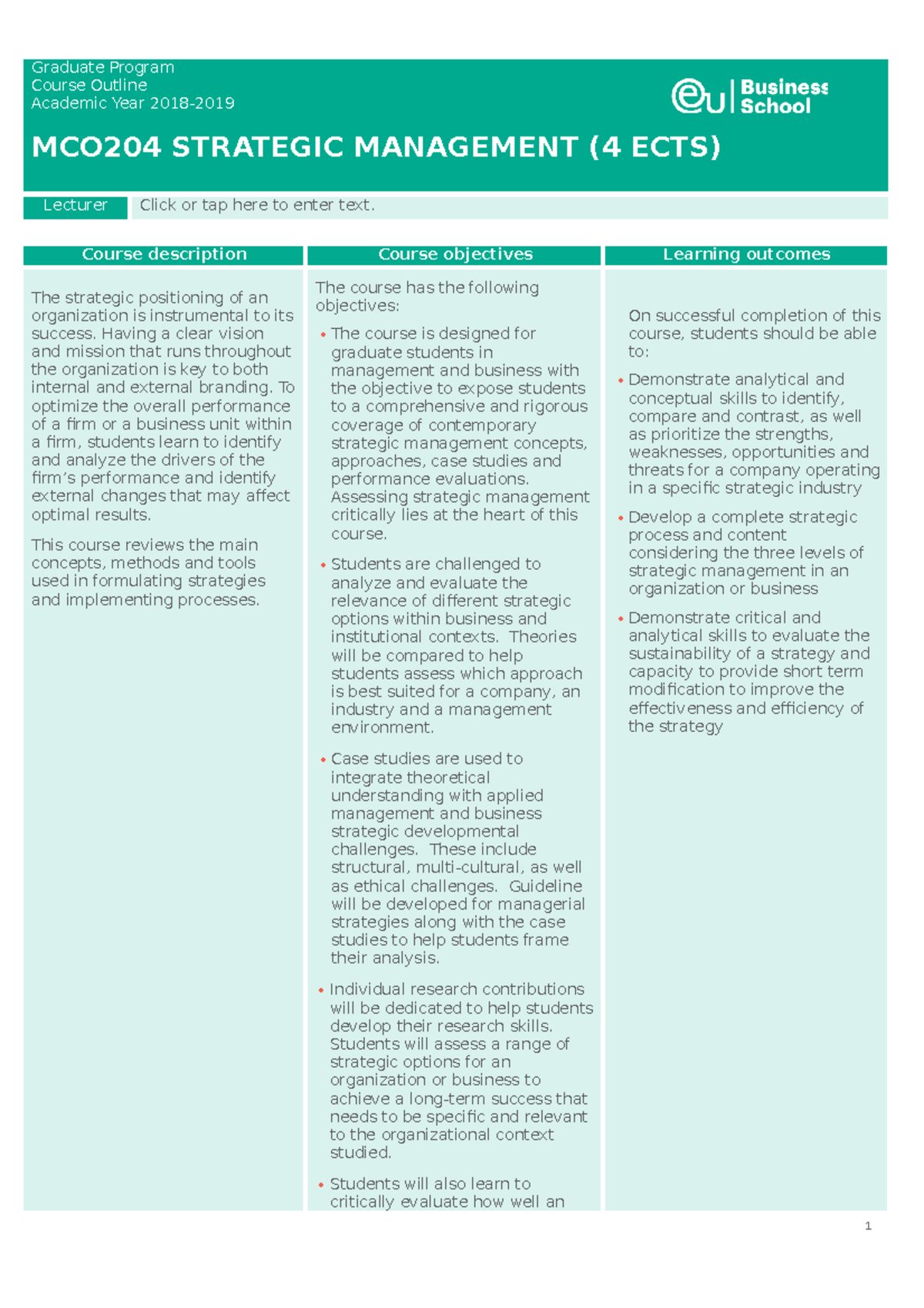 SM Outline - Graduate Program Course Outline Academic Year 2018-2019 ...
