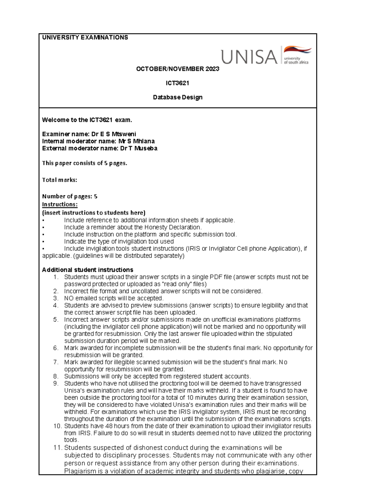 ICT3621 October EXAM 2023 - UNIVERSITY EXAMINATIONS OCTOBER/NOVEMBER ...