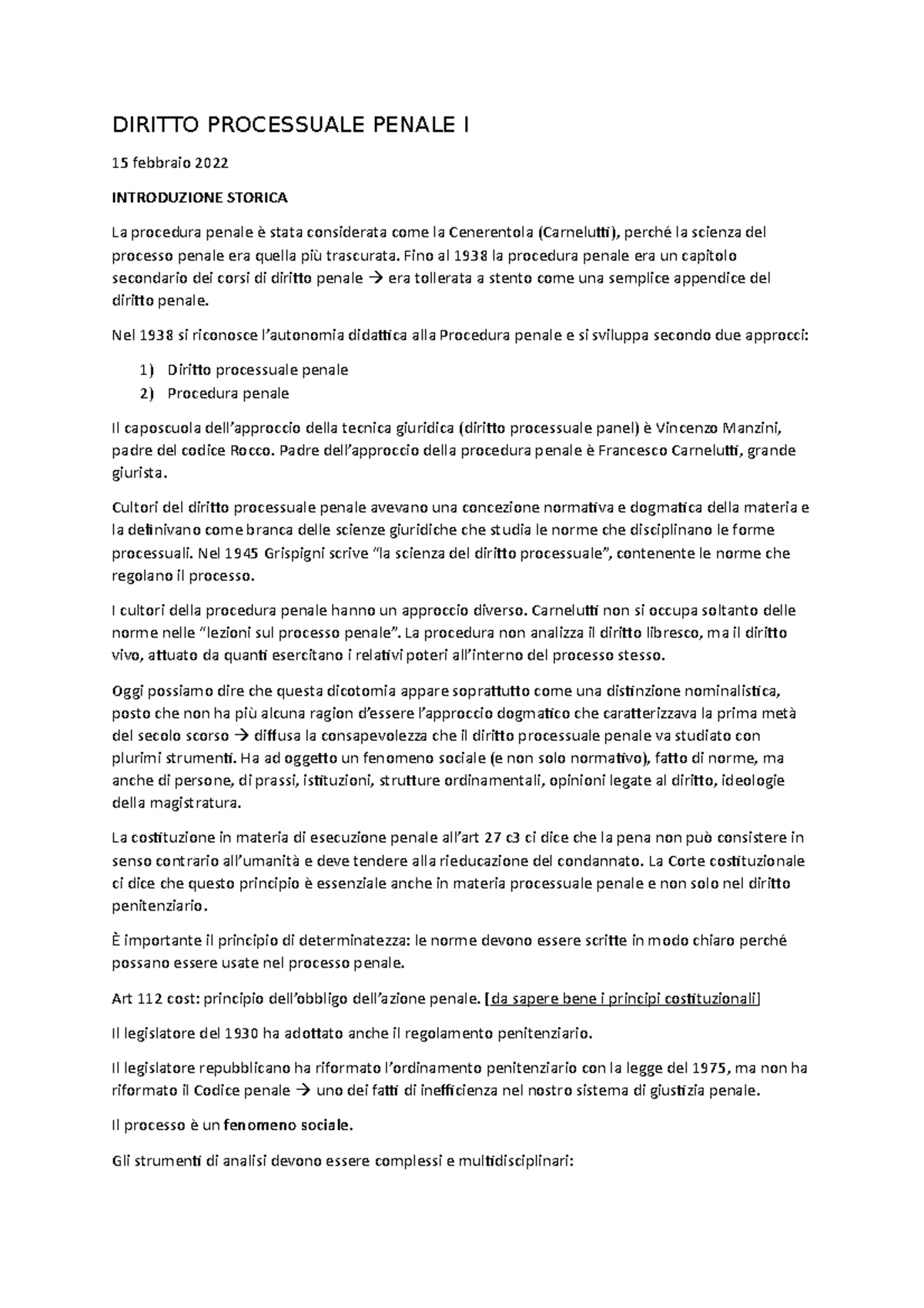 Diritto processuale penale I - DIRITTO PROCESSUALE PENALE I 15 febbraio 2022 INTRODUZIONE ...