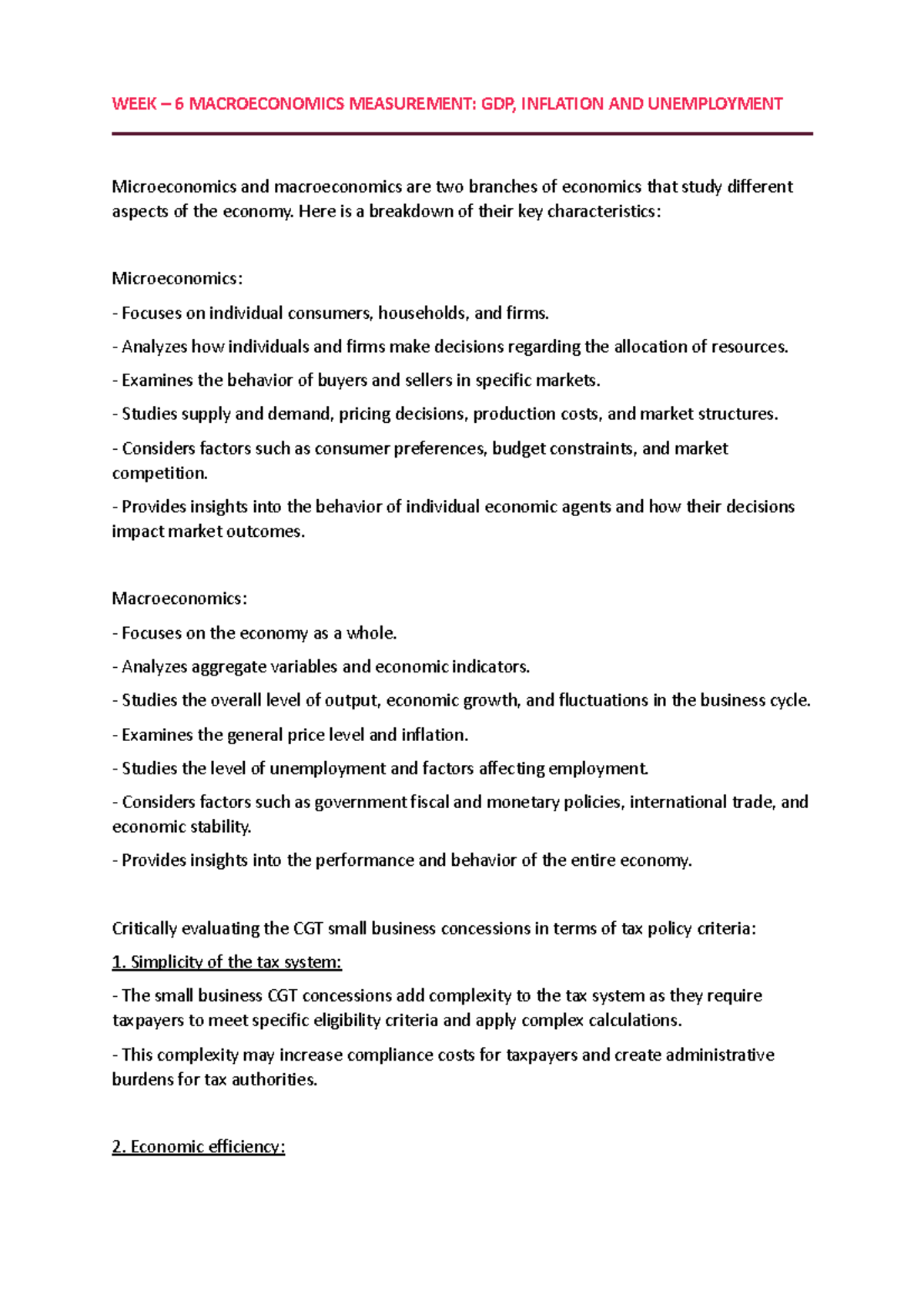 WEEK 6 - week 6 notes - WEEK – 6 MACROECONOMICS MEASUREMENT: GDP ...