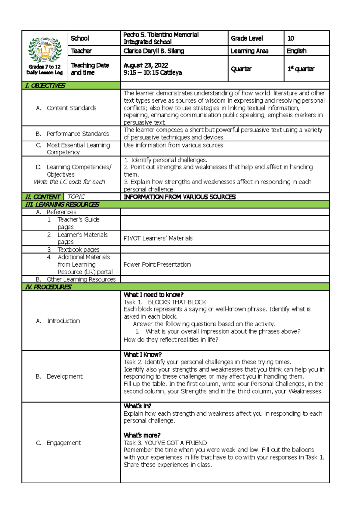 DLL English 10 Part 1 - Grades 7 to 12 Daily Lesson Log School Pedro S ...