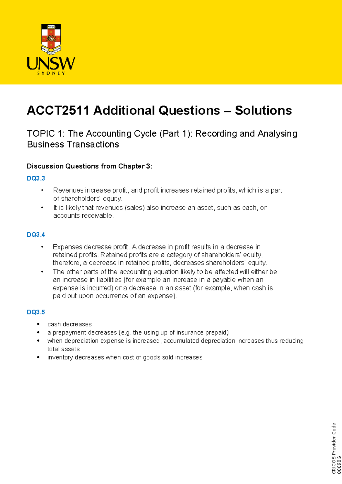 ACCT2511 Topic 1 Additional Questions - Solutions - ACCT2511 Additional ...