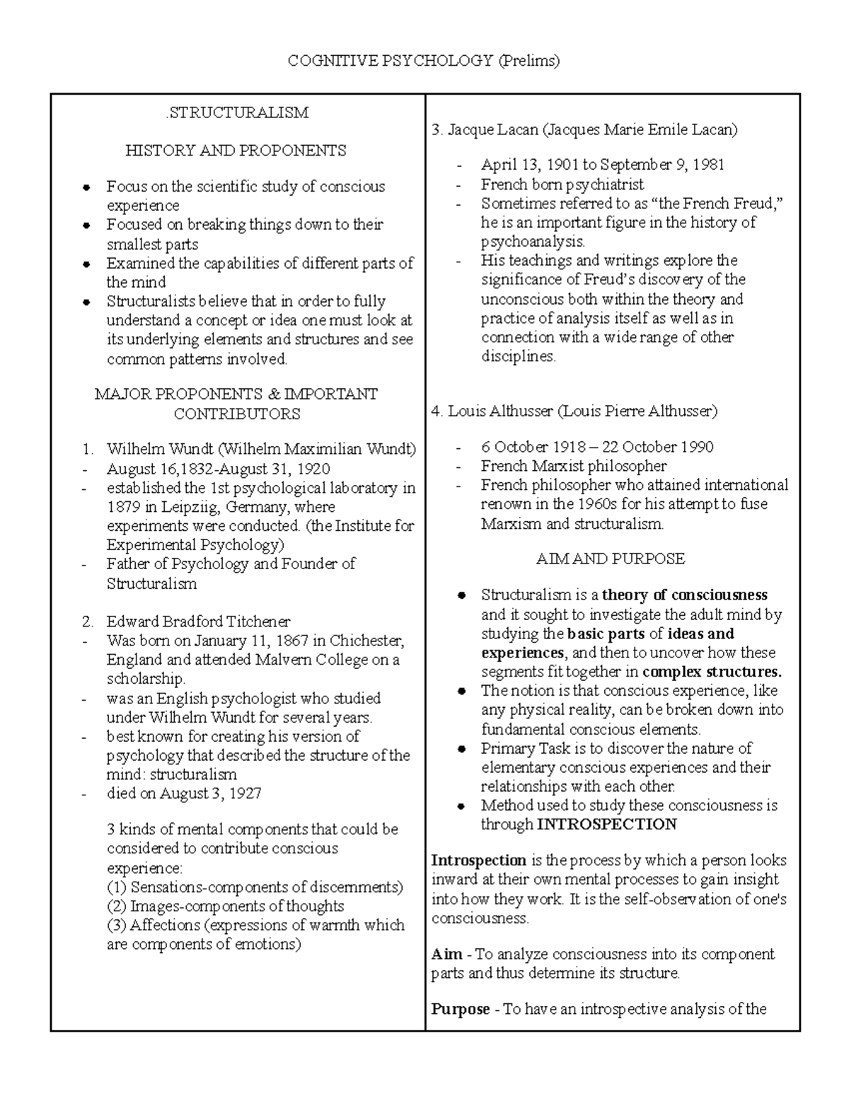 Cogni Notes ( Prelims) - COGNITIVE PSYCHOLOGY (Prelims) .STRUCTURALISM ...