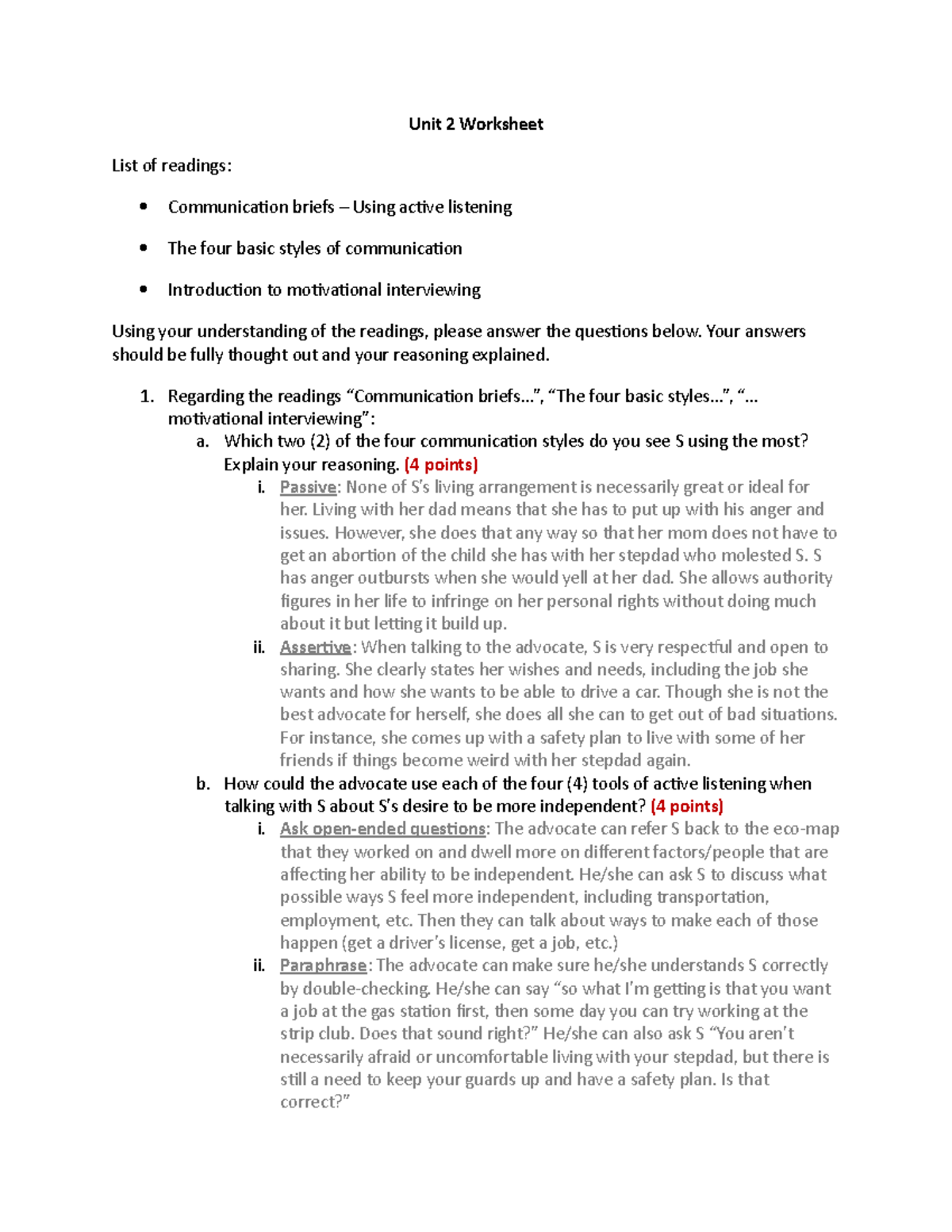 Unit 2 Worksheet - Adolescent Diversion Program Communication skills ...