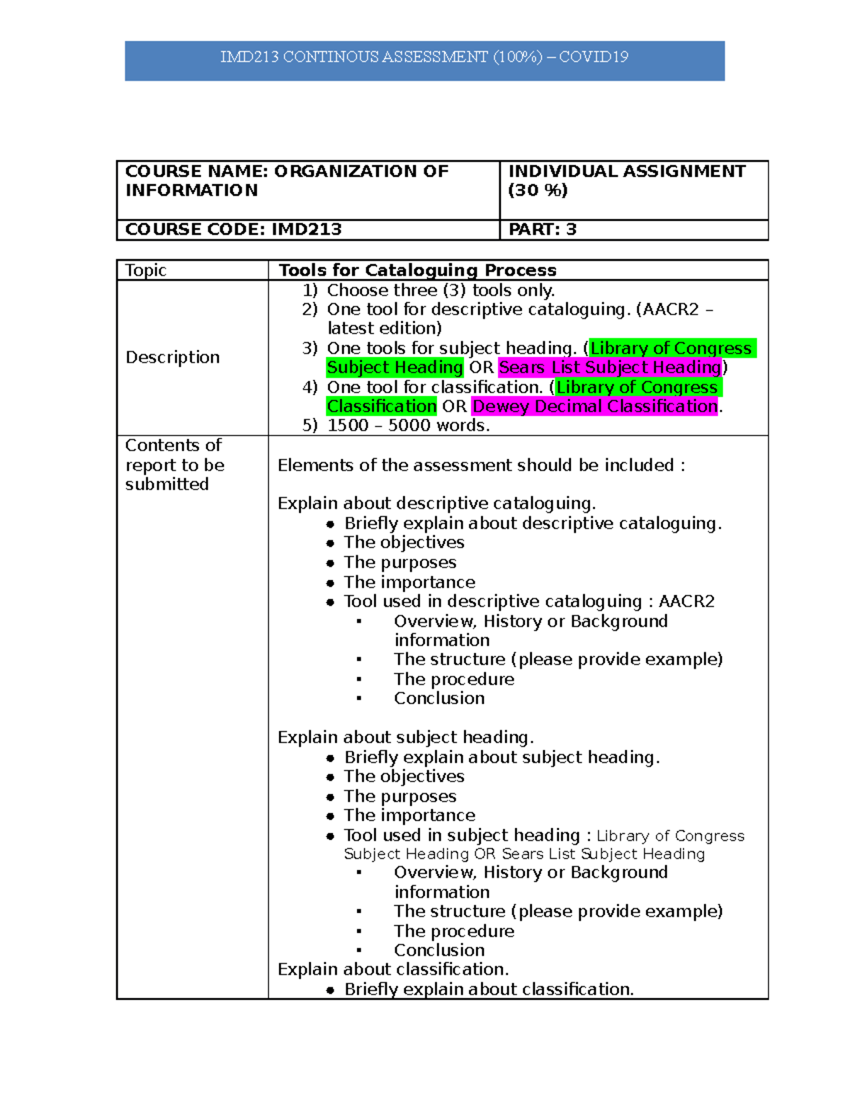 IMD213 Guidelines for individual assignment Oct 2020 - COURSE NAME ...
