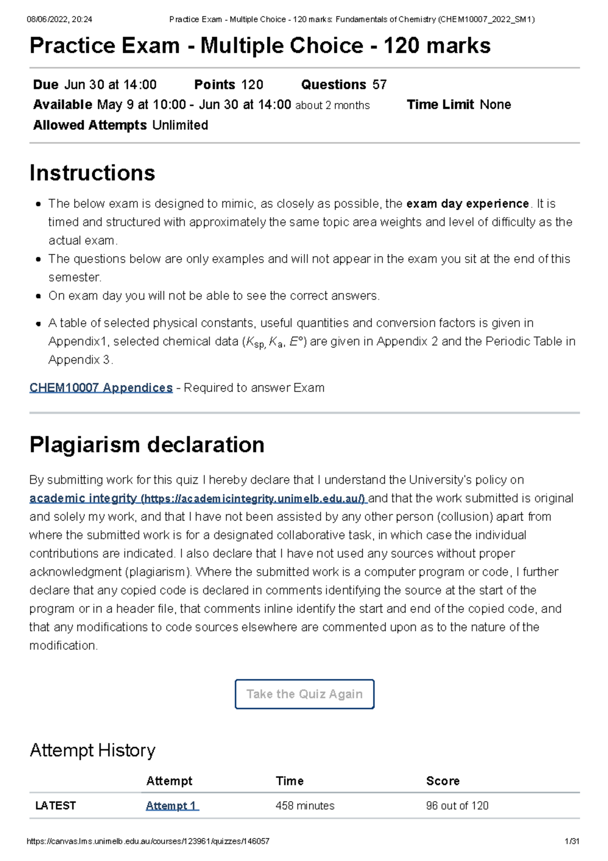 Practice Exam - Multiple Choice - 120 marks Fundamentals of Chemistry ...