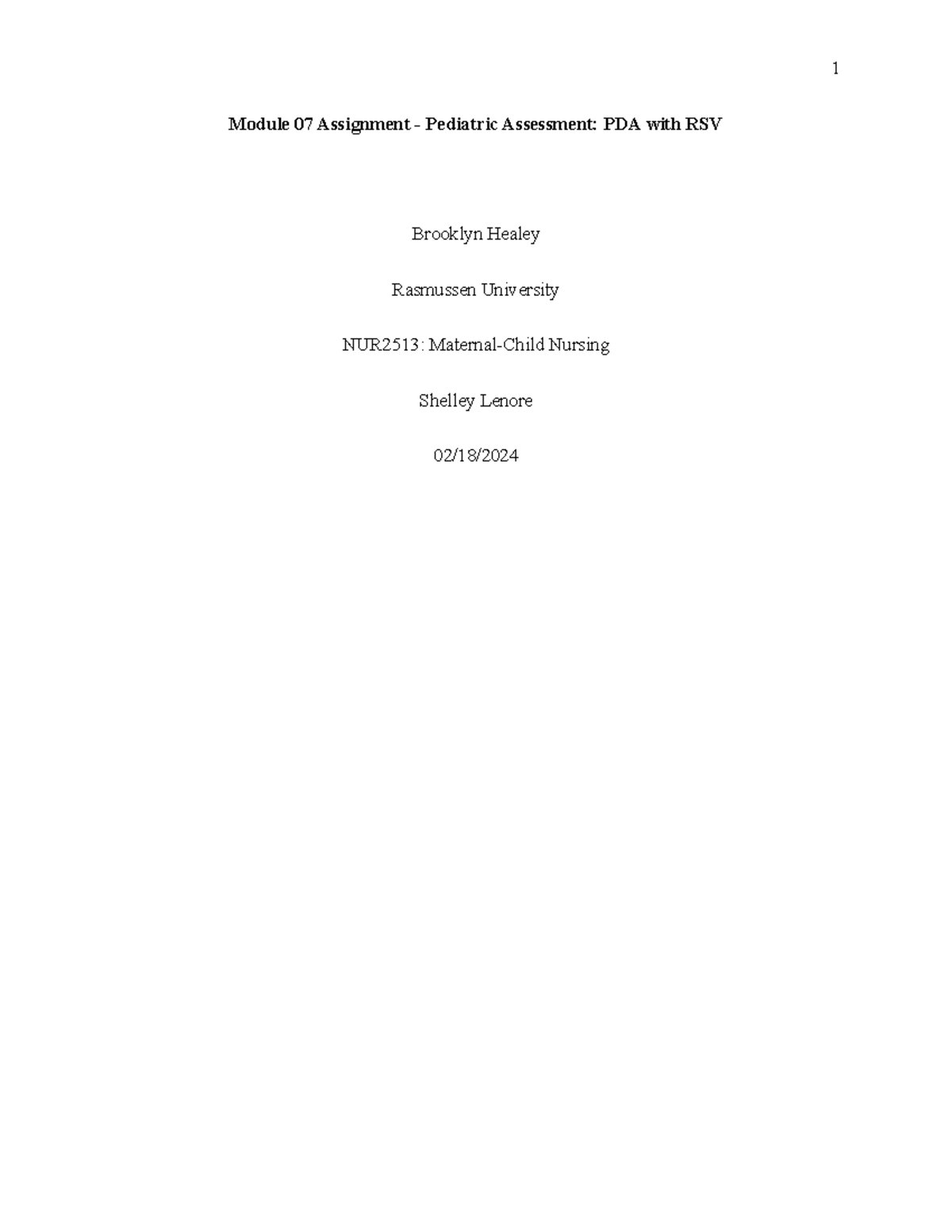 Module 07 Assignment - Module 07 Assignment - Pediatric Assessment: PDA ...