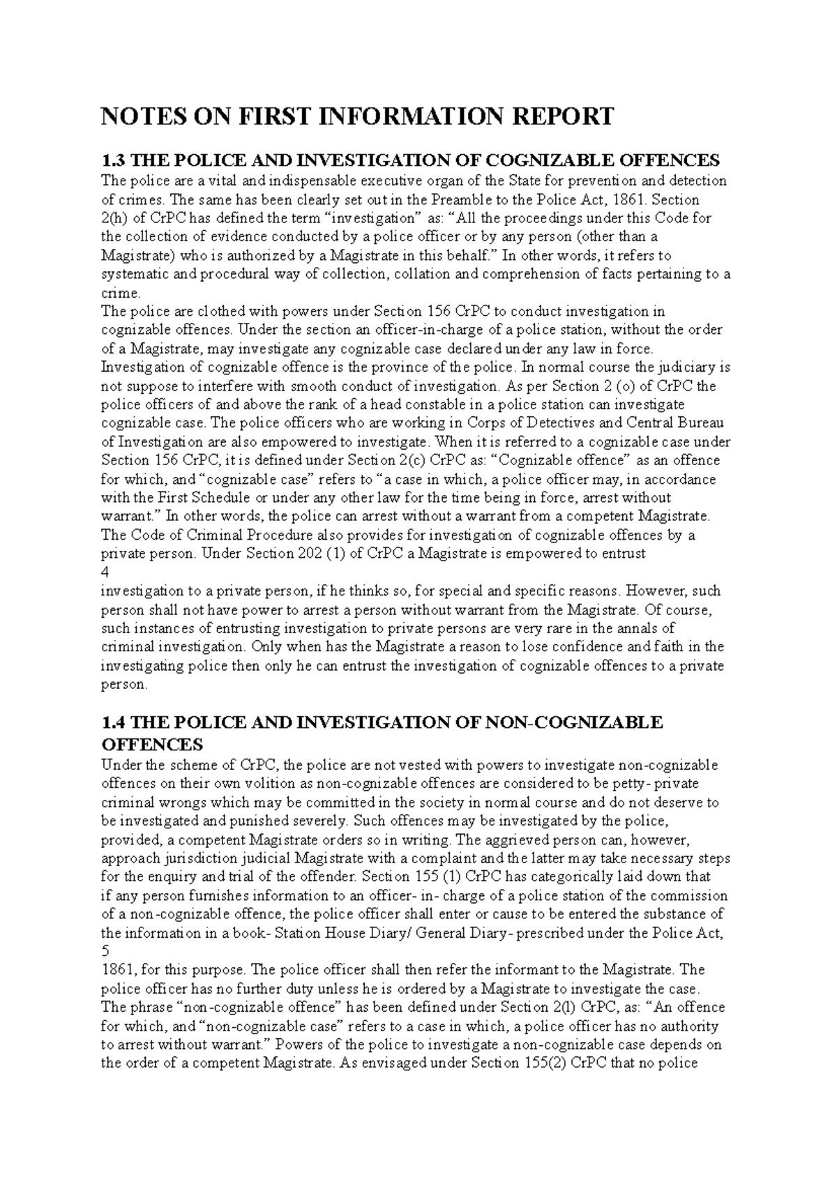 Notes ON First Information Report - NOTES ON FIRST INFORMATION REPORT 1 ...