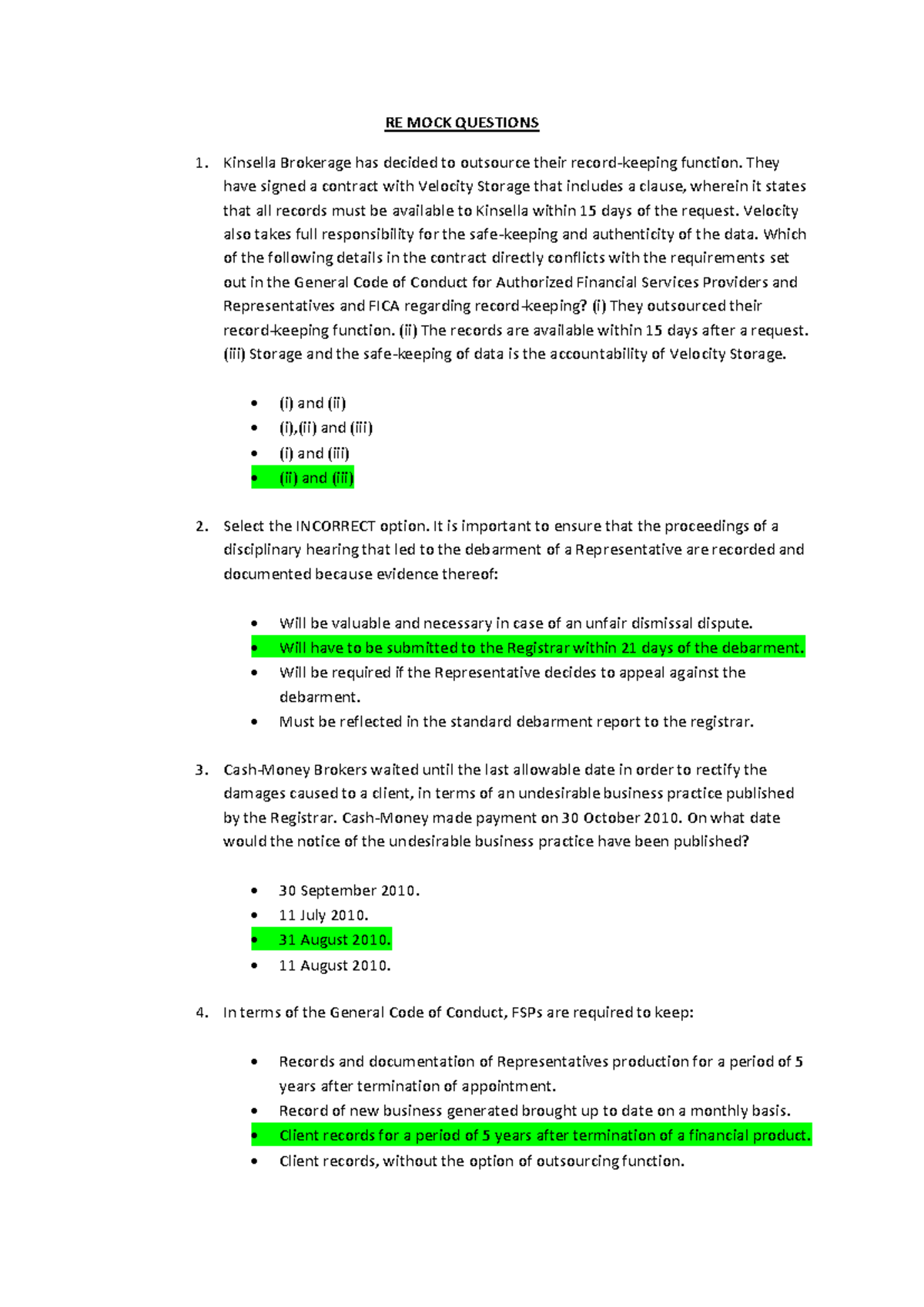 RE MOCK 3 - Mock Exam of RE5 - RE MOCK QUESTIONS Kinsella Brokerage has ...