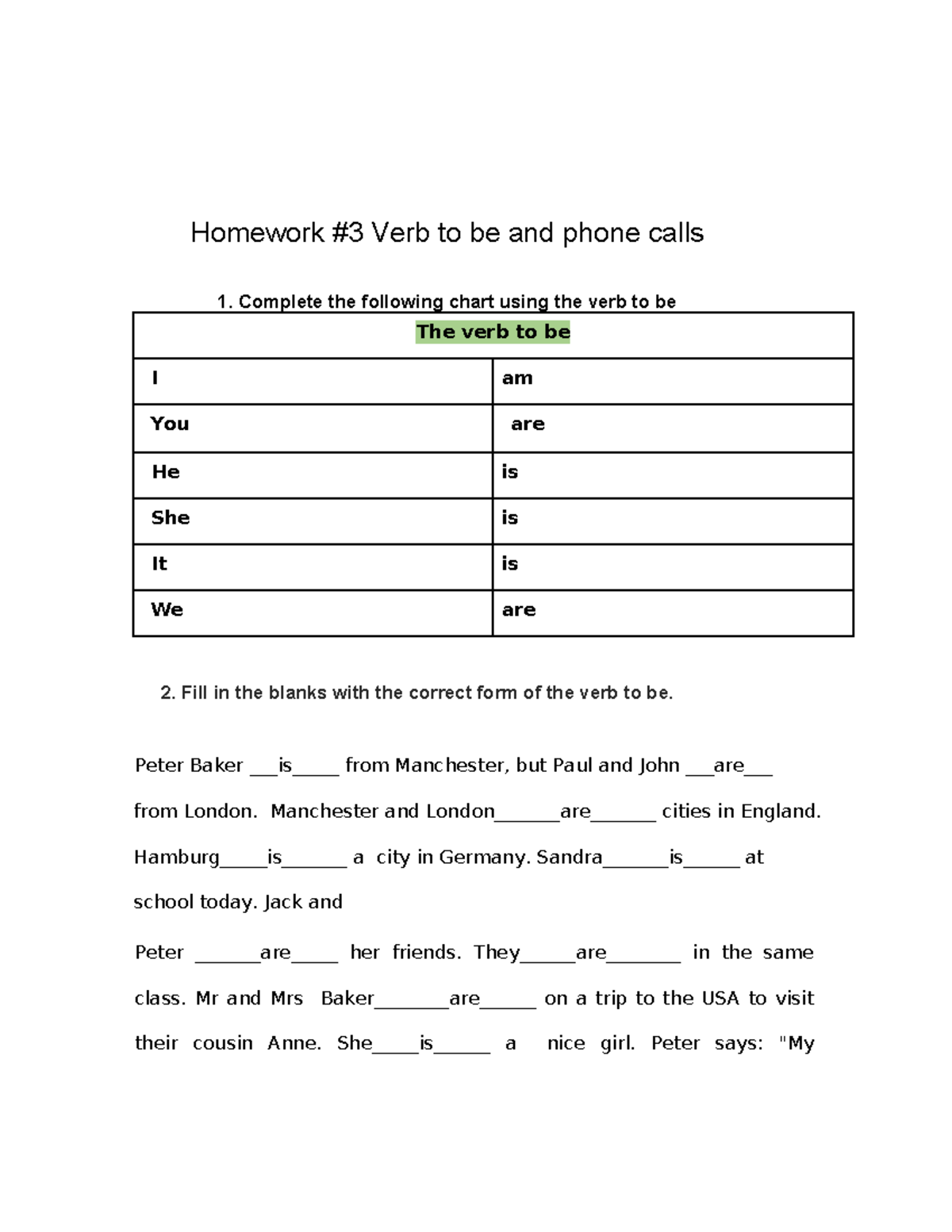 Class 3 Homework - VERB TO BE AND Phone Calls - Homework #3 Verb to be ...