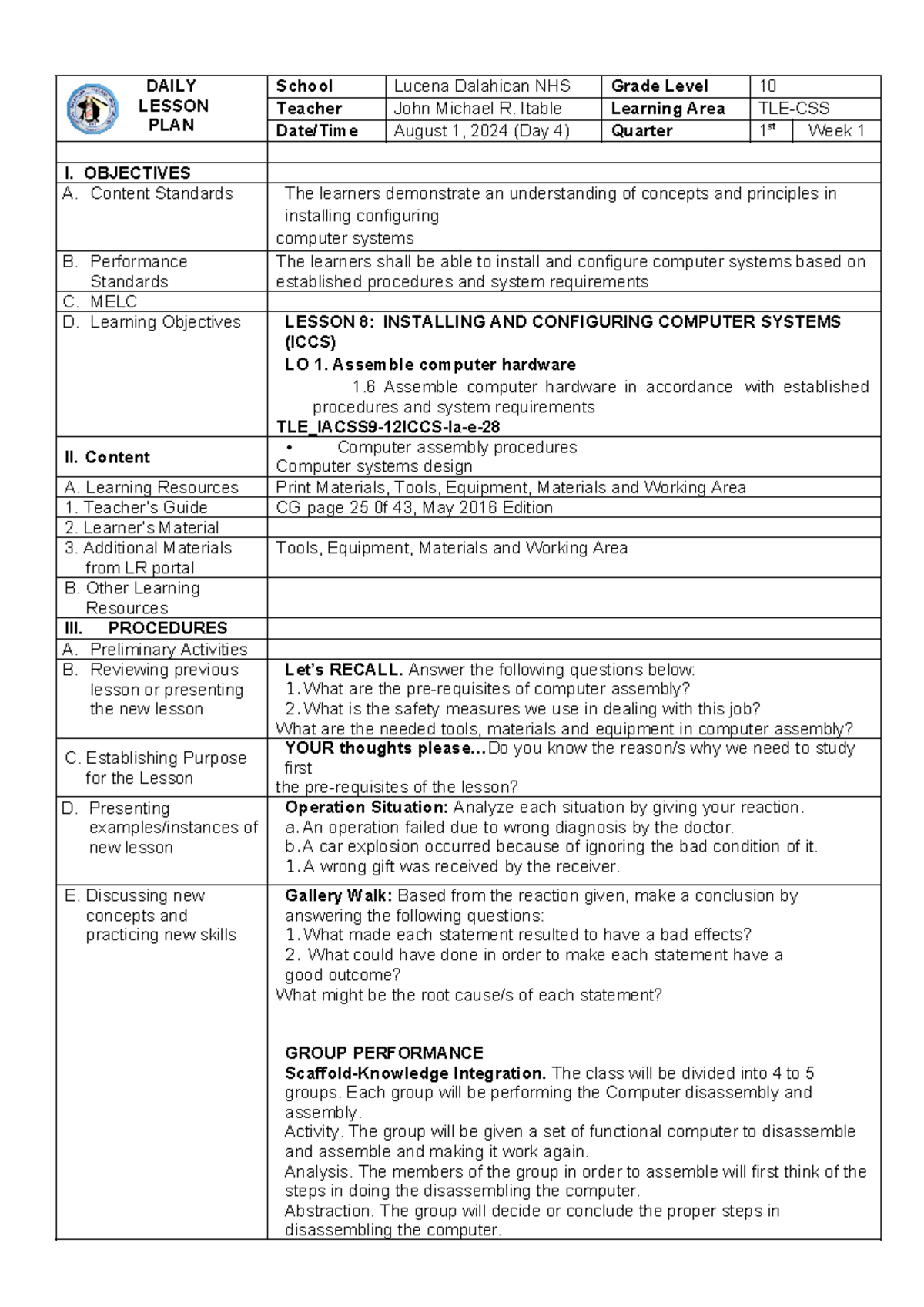 DLP-TLE-CSS10-Aug 1 Day4 w1 - DAILY LESSON PLAN School Lucena Dalahican ...