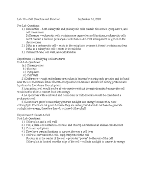 Lab 10 - PRE-LAB QUESTIONS Identify three major similarities and differences between prokaryotic ...