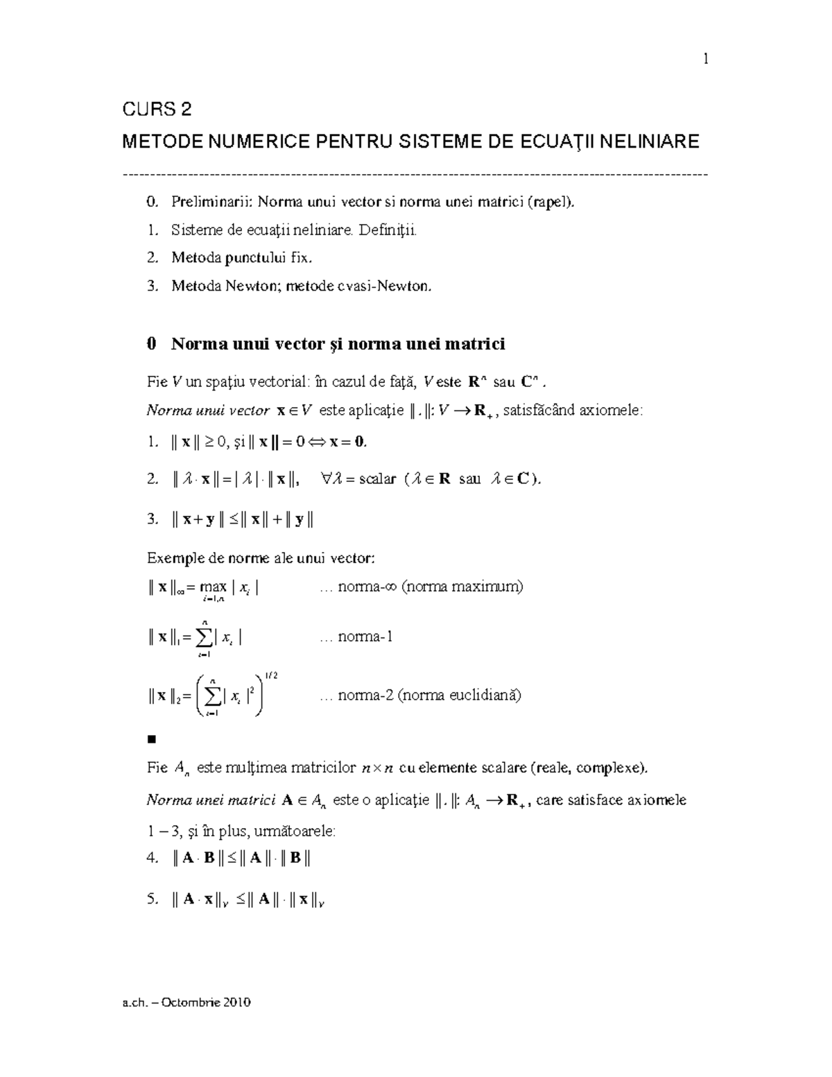 CURS norme- Metode numerice - CURS 2 METODE NUMERICE PENTRU SISTEME DE ECUAŢII NELINIARE ...