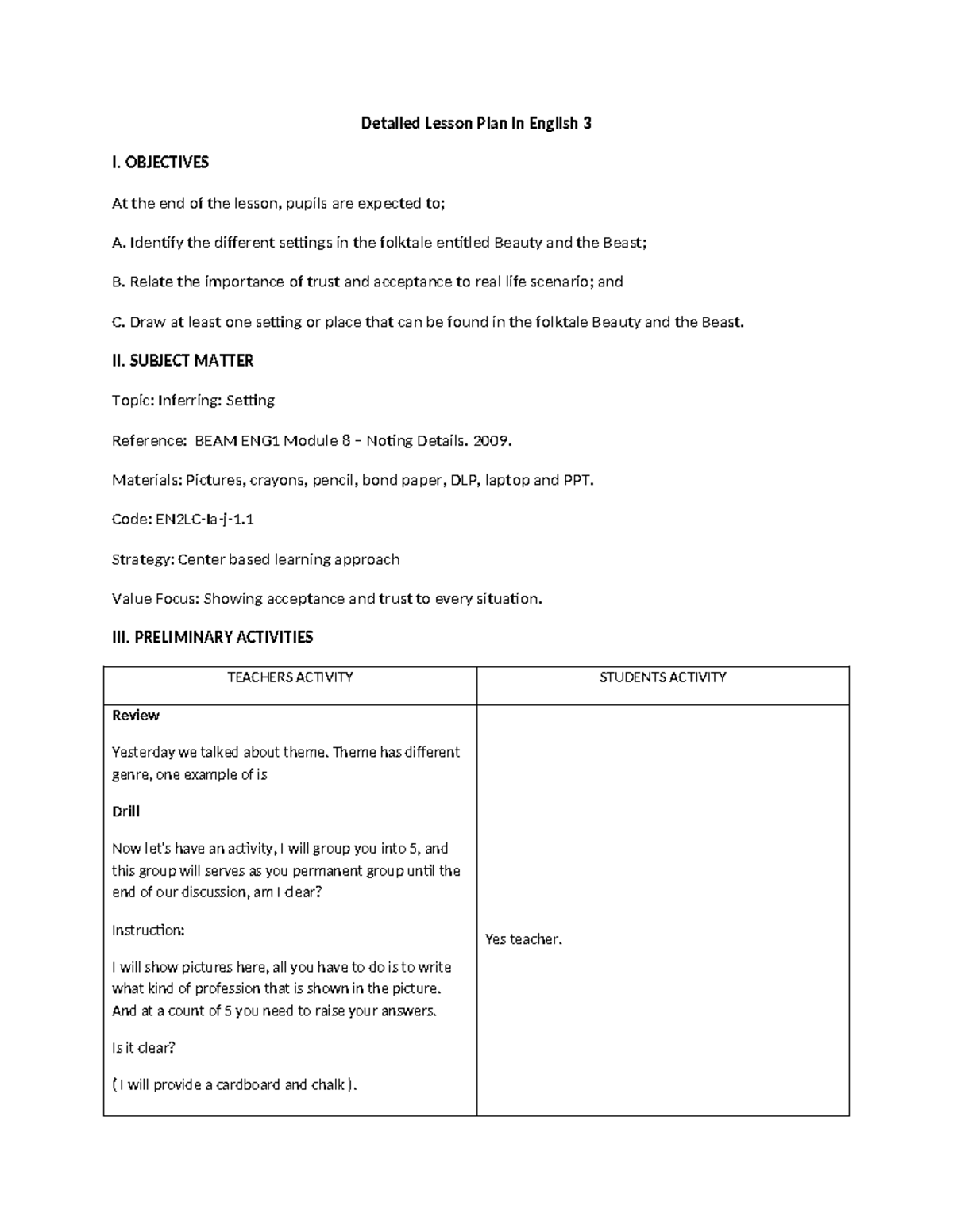 Center Based Learning Approach - Detailed Lesson Plan in English 3 I ...