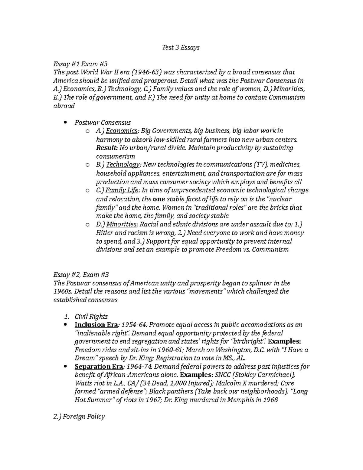 Test 3 Essays - Test 3 Essays Essay #1 Exam # The post World War II era ...