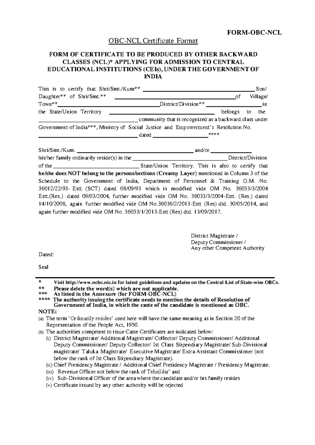 2024060566 schedule - FORM-OBC-NCL OBC-NCL Certificate Format FORM OF ...