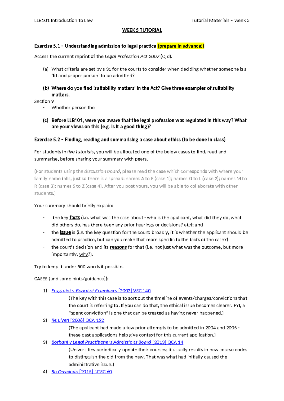 WEEK 5 Tutorial - Tute wk 5 - LLB101 Introduction to Law Tutorial ...