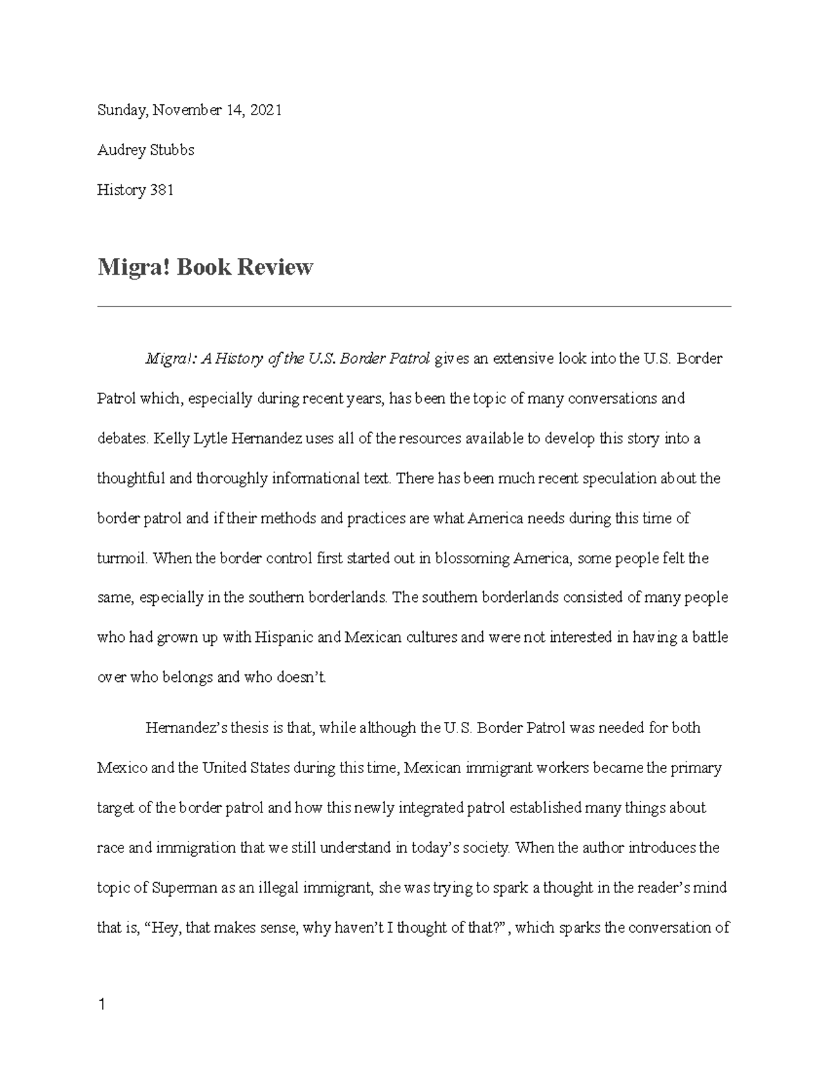Migra Book Review - Sunday, November 14, 2021 Audrey Stubbs History 381 ...