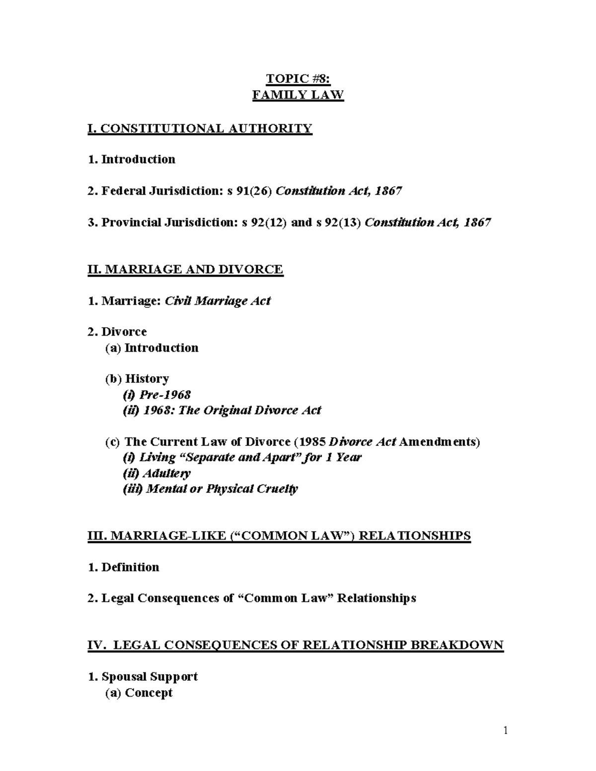 Topic #8 - Family Law (Lecture Outline) - 1 TOPIC # 8 : FAMILY LAW I ...