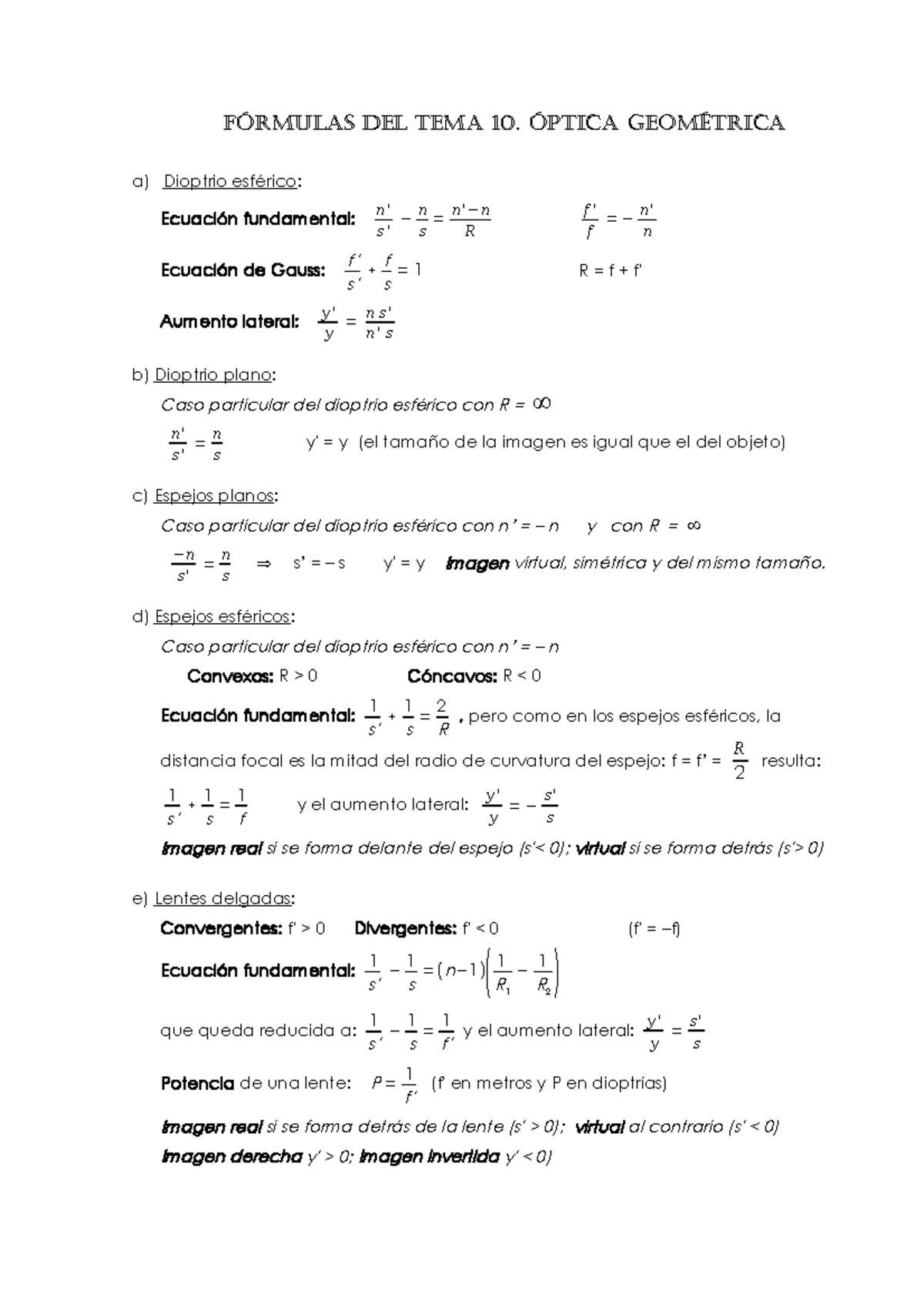 Formulas Optica - El libro no es el correspondiente - Fórmulas del tema ...