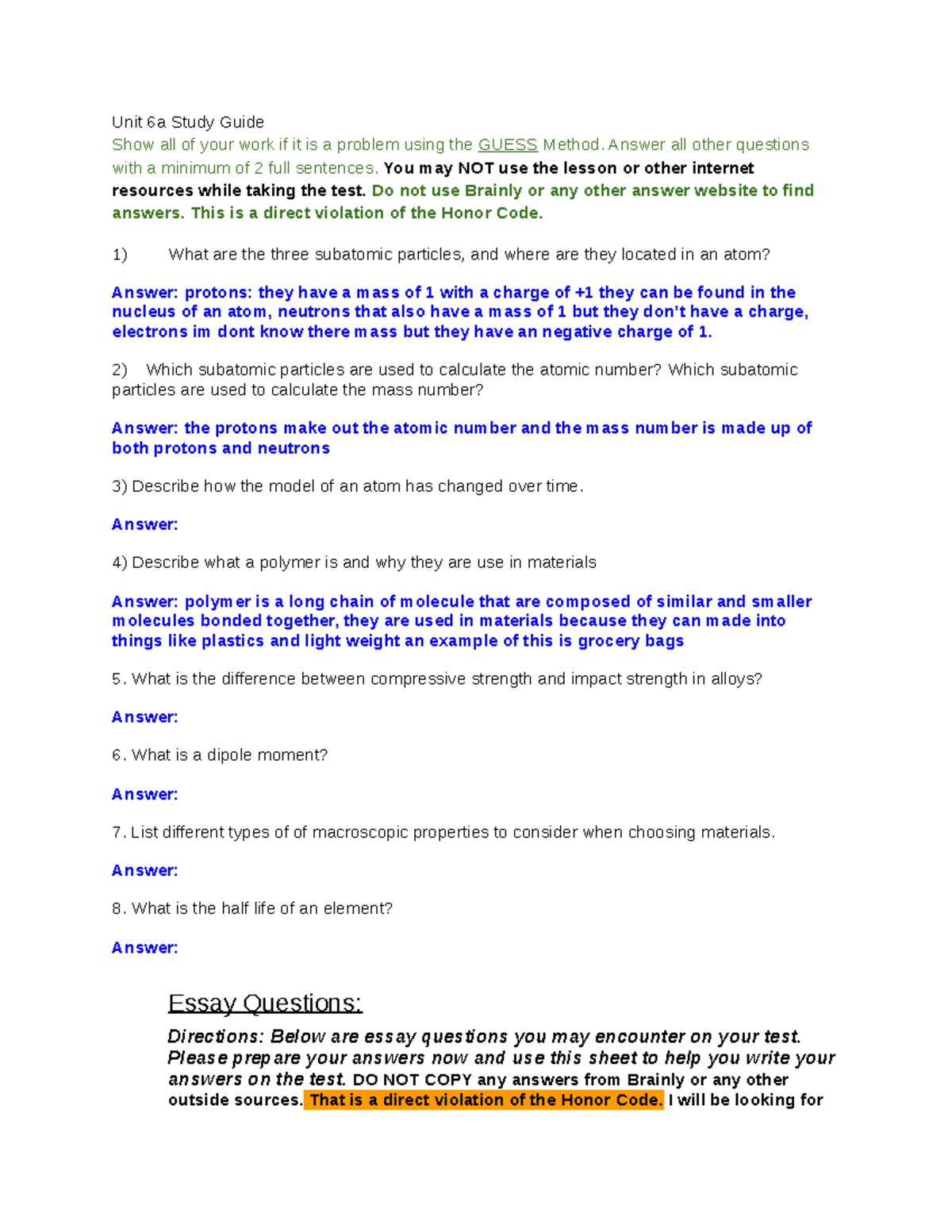 Unit 6a Molecular Structures Study Guide 1 - Unit 6a Study Guide Show ...
