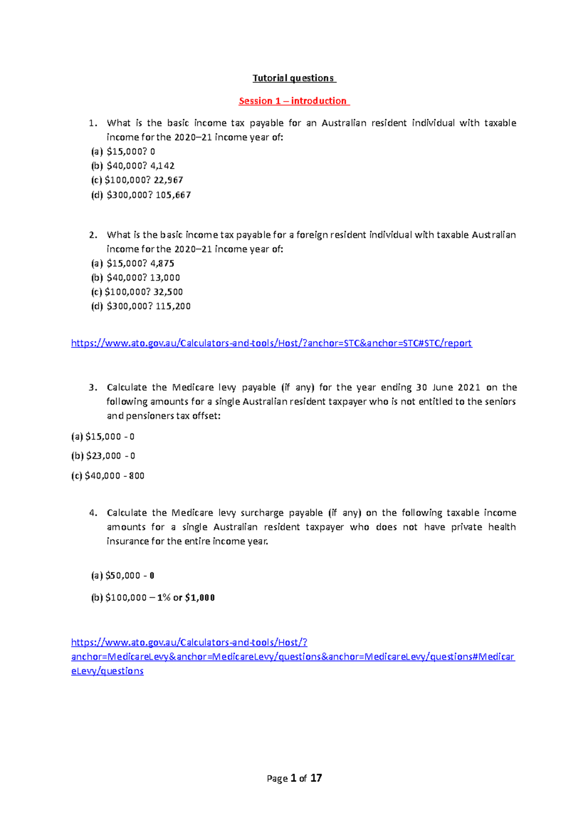 Tutorial Questions with answers - Tutorial questions Session 1 ...