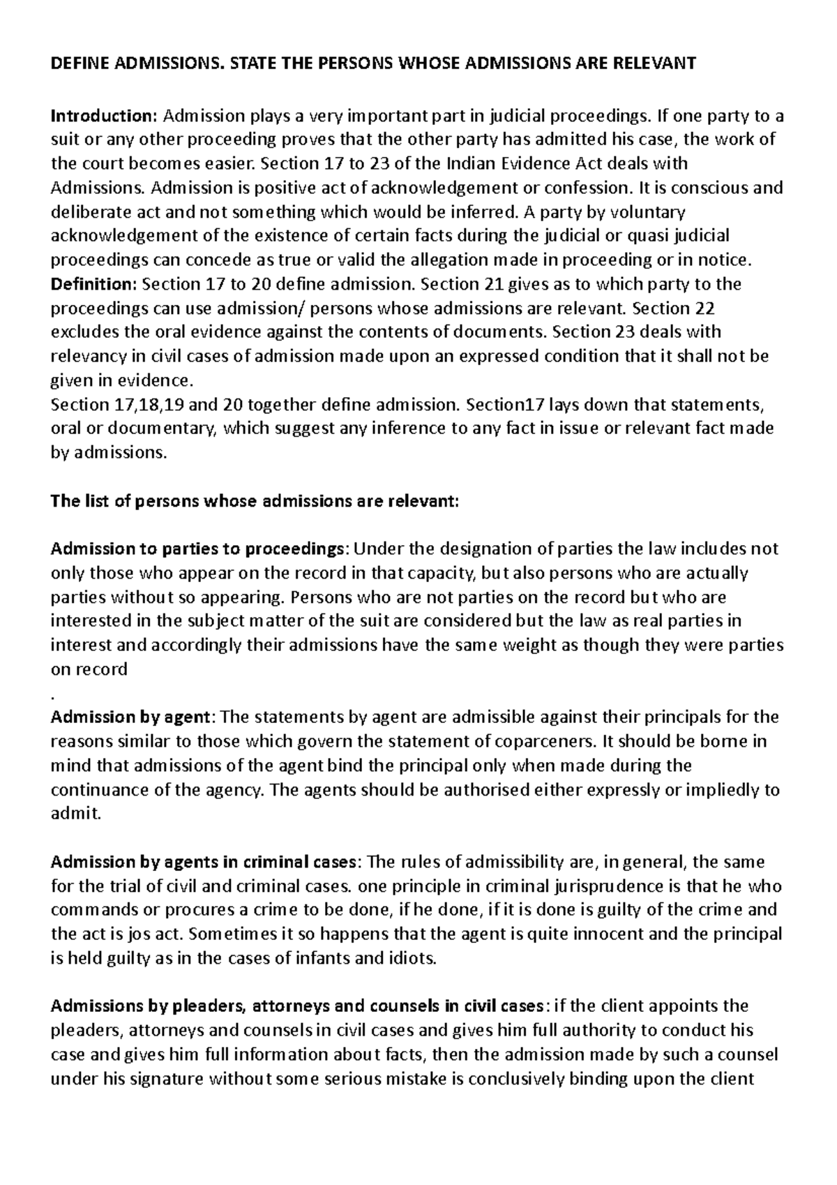 Law of evidence - Few question and answers - DEFINE ADMISSIONS. STATE ...