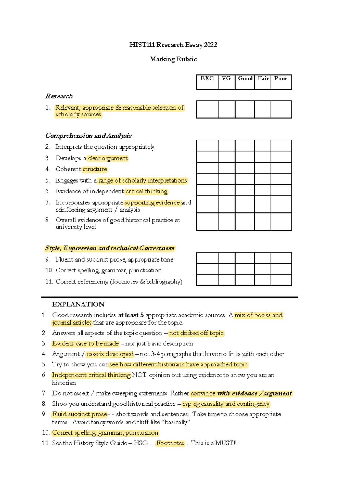 HIST111 Essay marking rubric 2022 - HIST11 1 Research Essay 202 2 ...