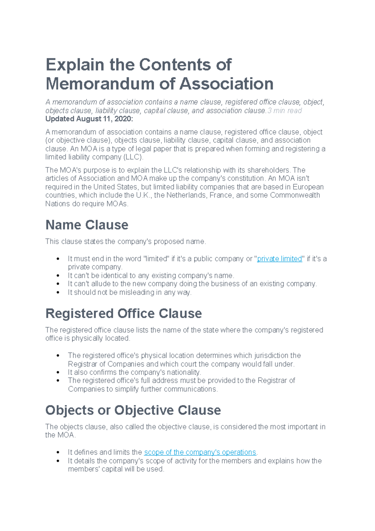 Explain The Contents Of Memorandum Of Association Explain The