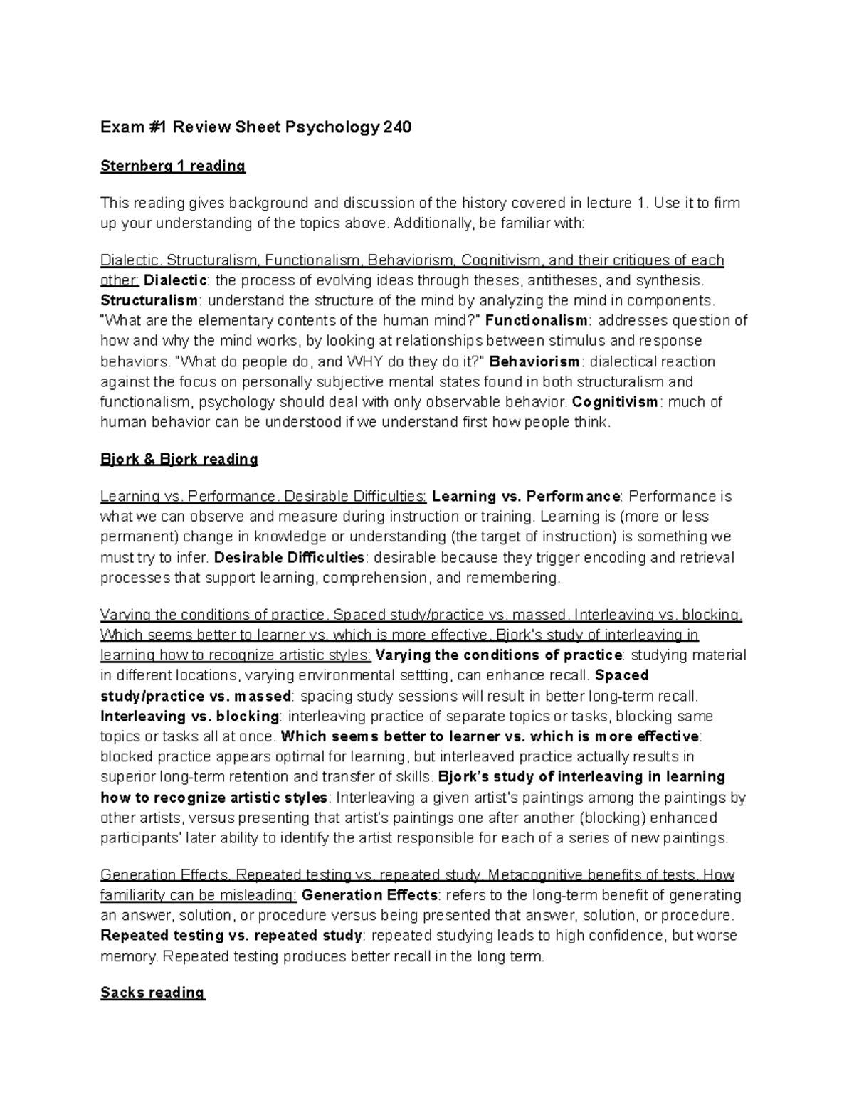 Psychology Exam Review Sheet - Studocu