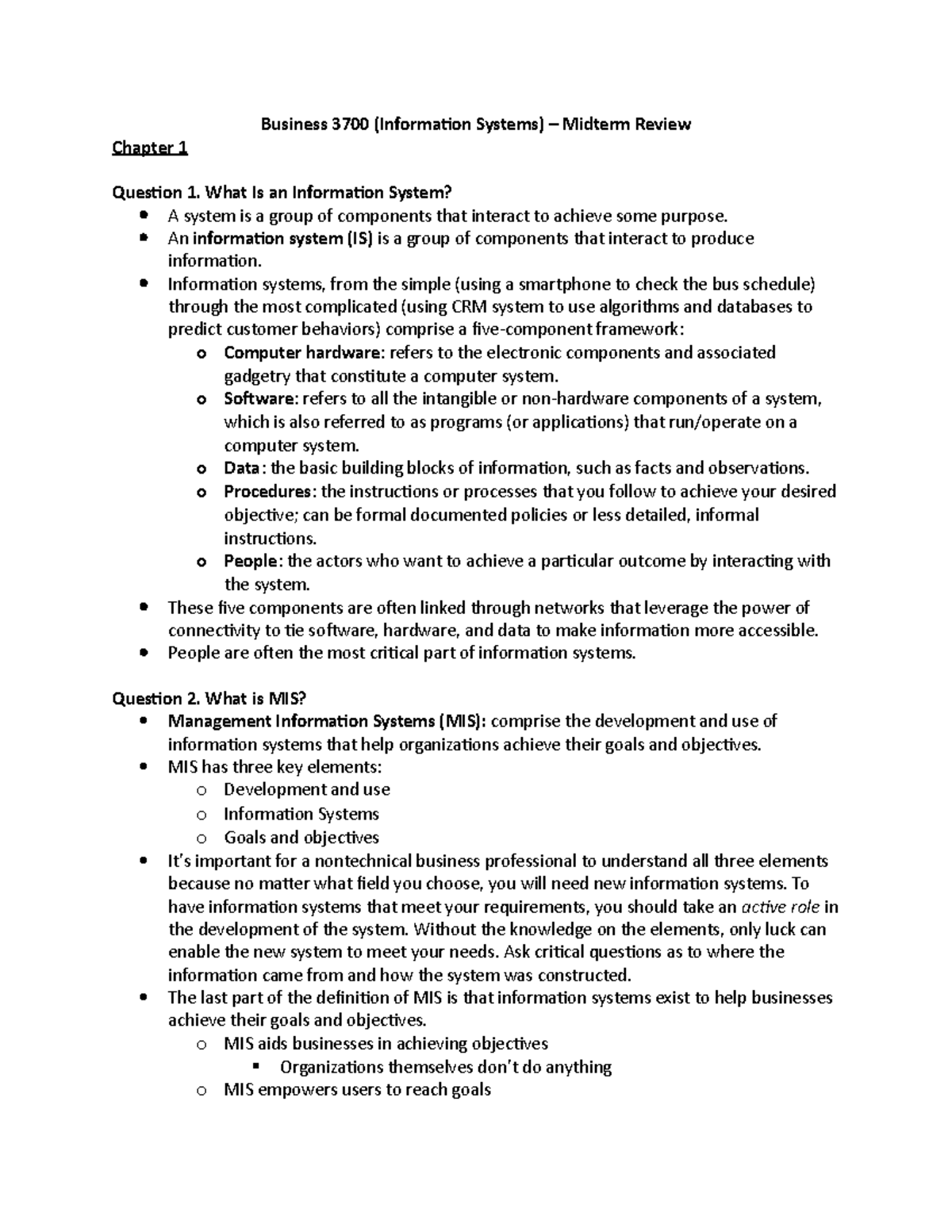 Business 3700 midterm - Business 3700 (Information Systems) – Midterm ...